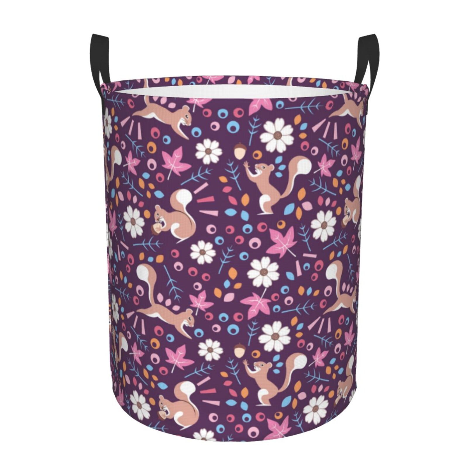 Sikiie Cute Squirrel Floral Print Round Dirty Clothes Basket, Waterproof Standing Foldable ...