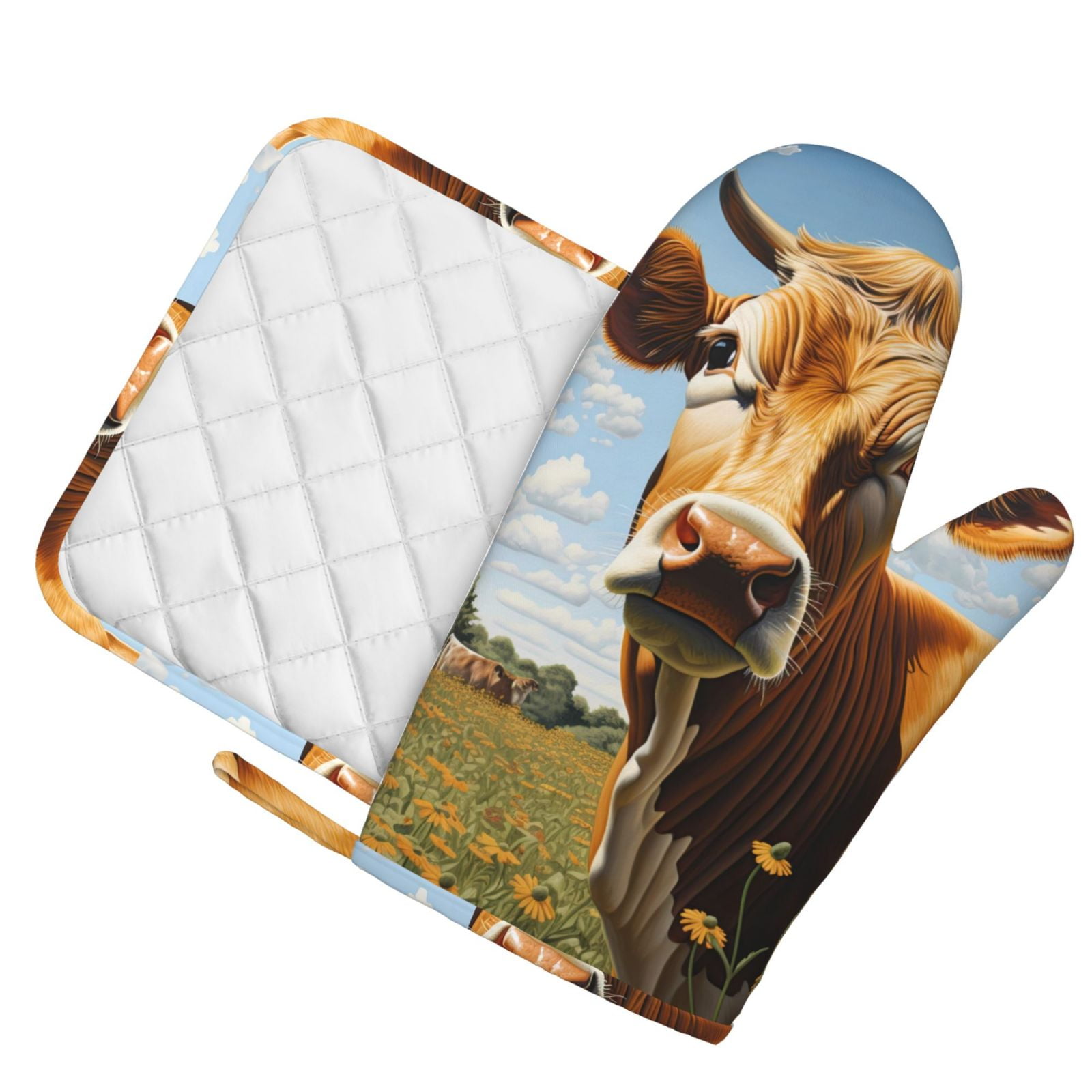 Sikiie Daisy Flower Field Cow Oven Mitts and Pot Holders Set, Kitchen ...