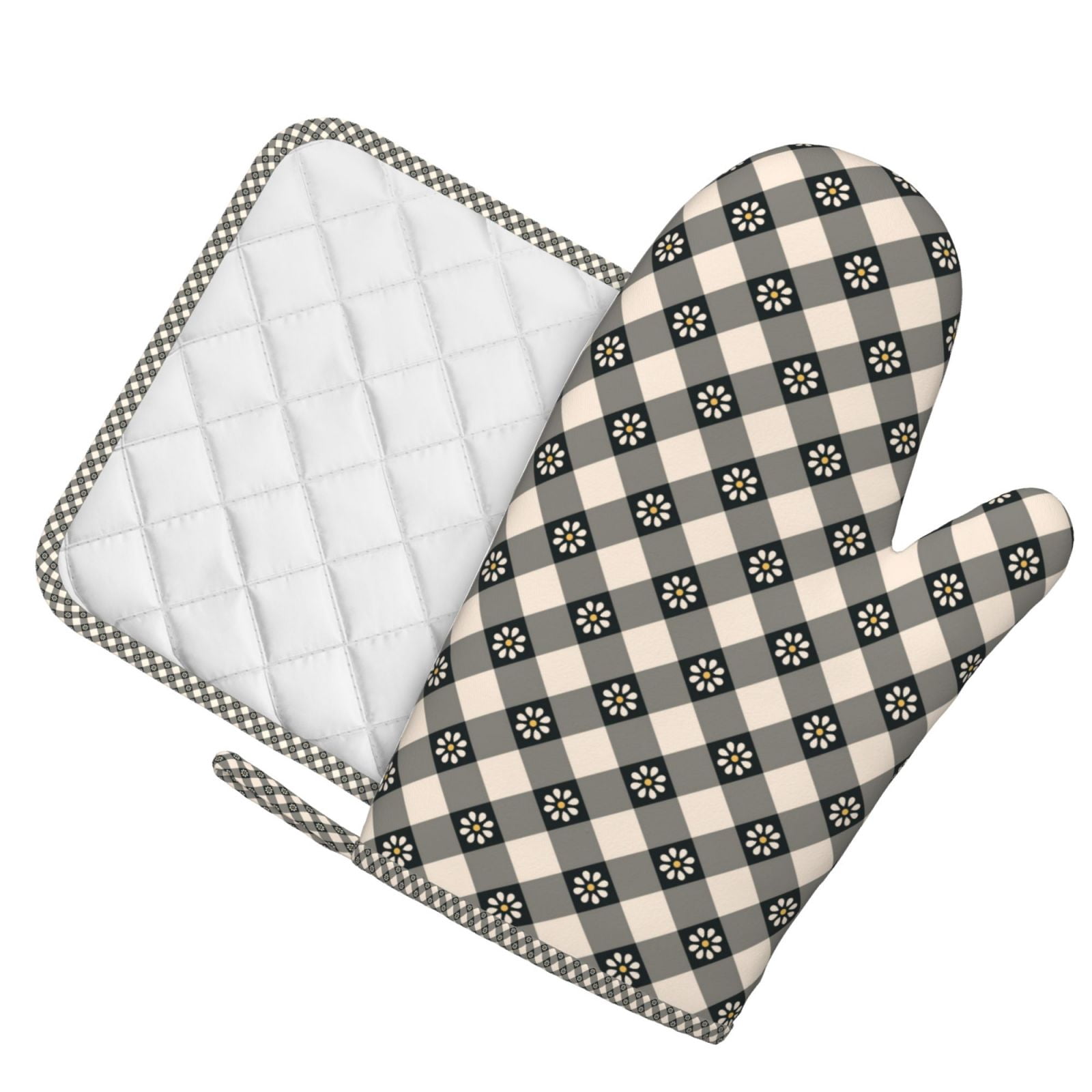 Sikiie Daisy Plaid Black Oven Mitts and Pot Holders Set, Kitchen Oven ...
