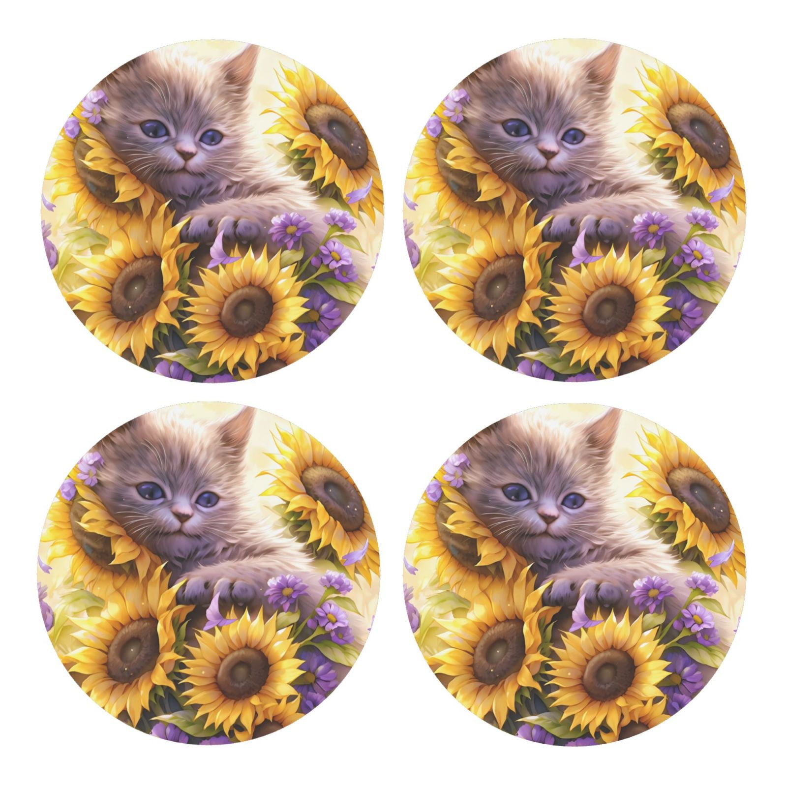 Sikiie Daisy Sunflower Lazy Cat MDF Cork Coaster 4 Pcs - Absorbent ...