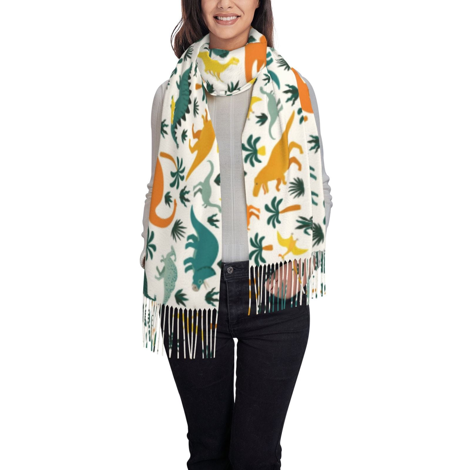 Sikiie Dinosaurs and Tropical Leaves Shawl Wraps Big Scarf Tassel Fall ...