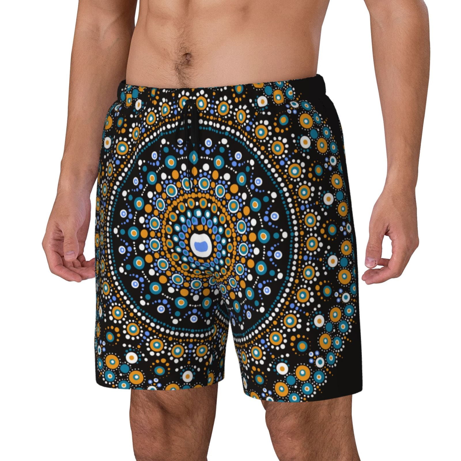 Sikiie Dot Mandala Print Men's Double Layer Swimming Trunks, Adjustable ...