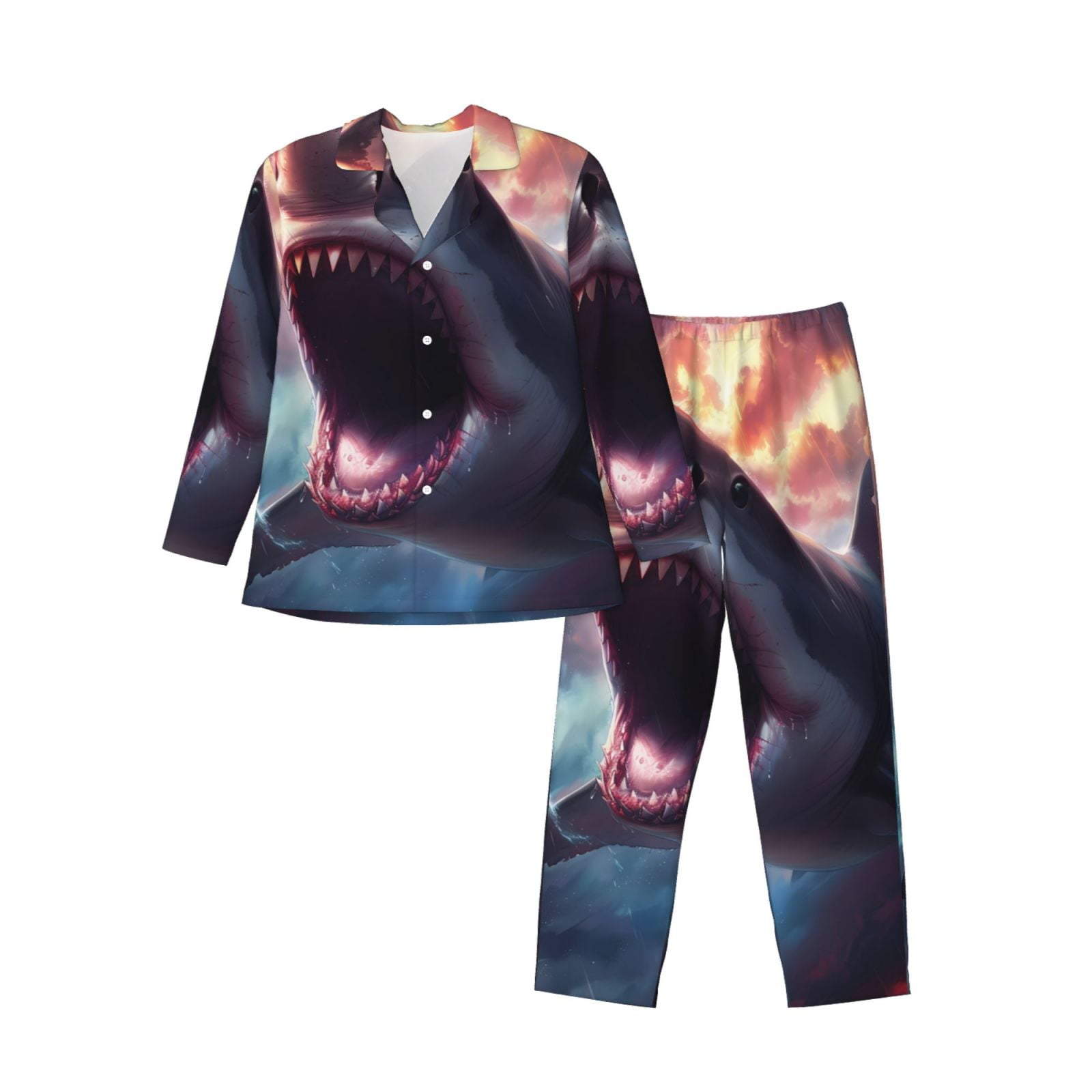 Sikiie Dramatic Shark Attack Mens Pajama Set, Soft Warm Long Sleeve ...