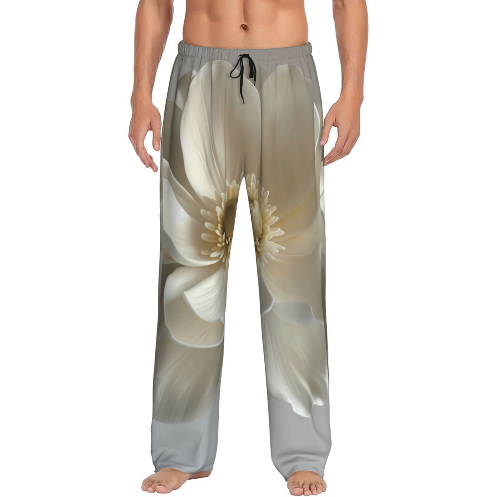 Sikiie Elegant Ivory Flower Pajama Pants Men, PJ Bottoms, Sleep ...