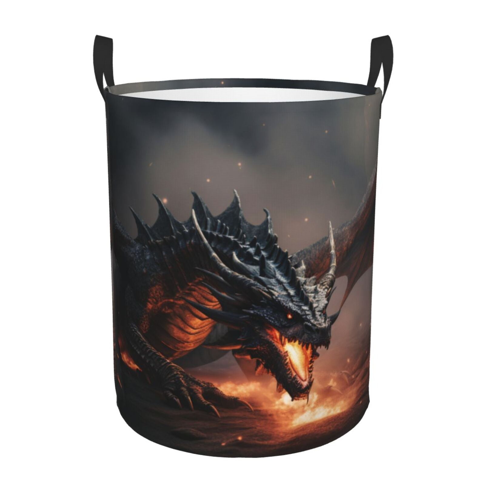 Sikiie Fiery Black Dragon Attack Print Round Dirty Clothes Basket ...