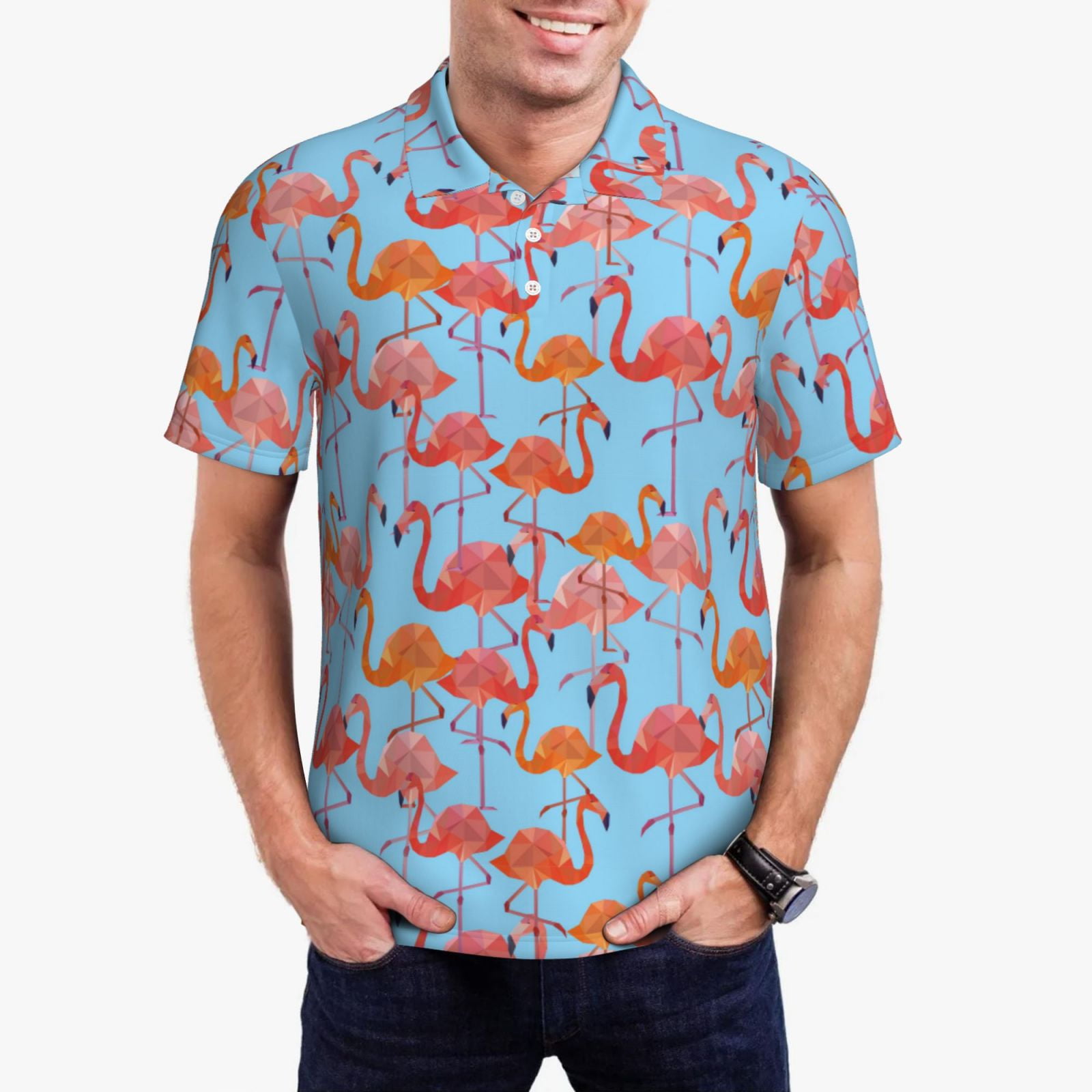 Sikiie Flamingo Print Men's Short-sleeved POLO Shirts, Button-down ...