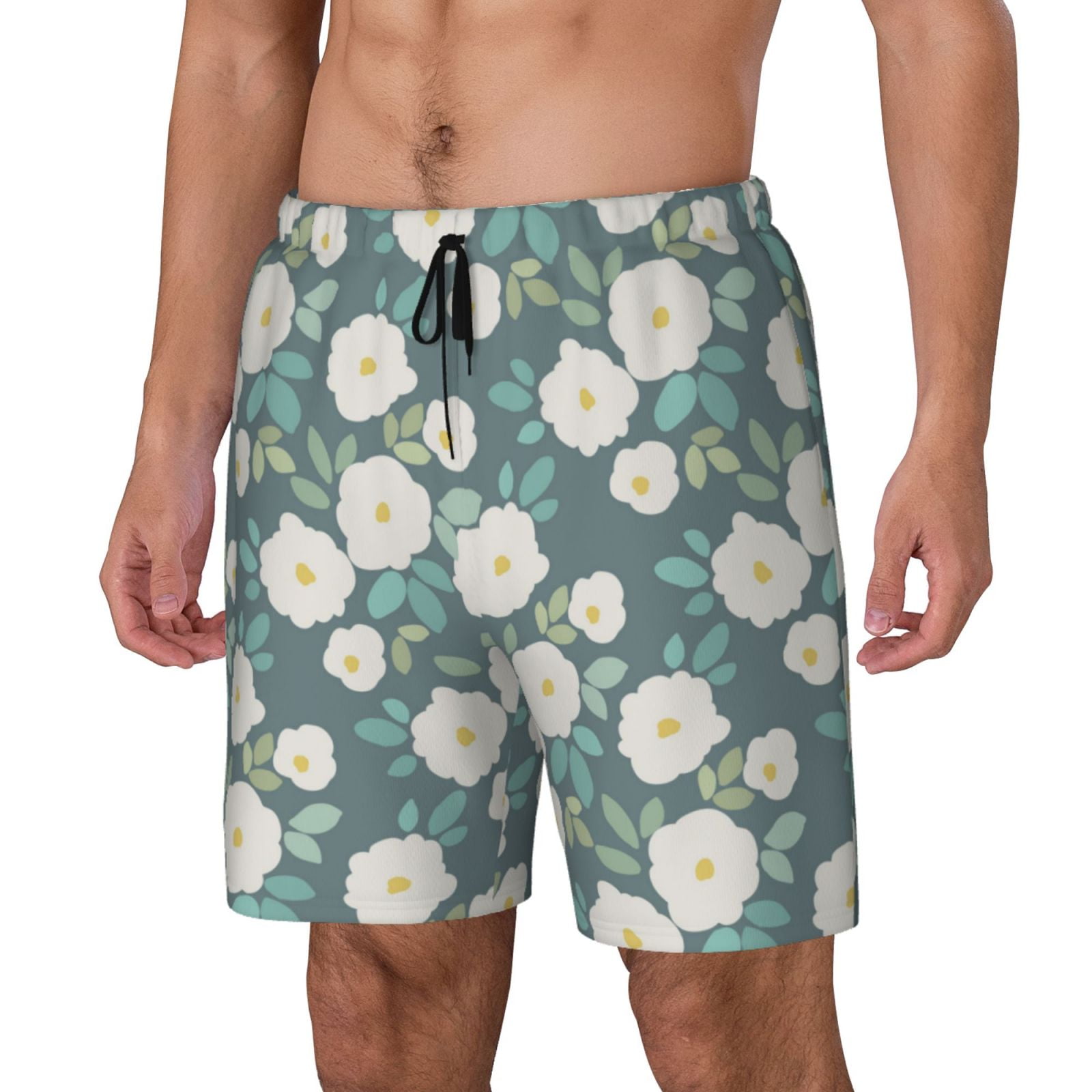 Sikiie Flower Print Men's Double Layer Swimming Trunks, Adjustable ...