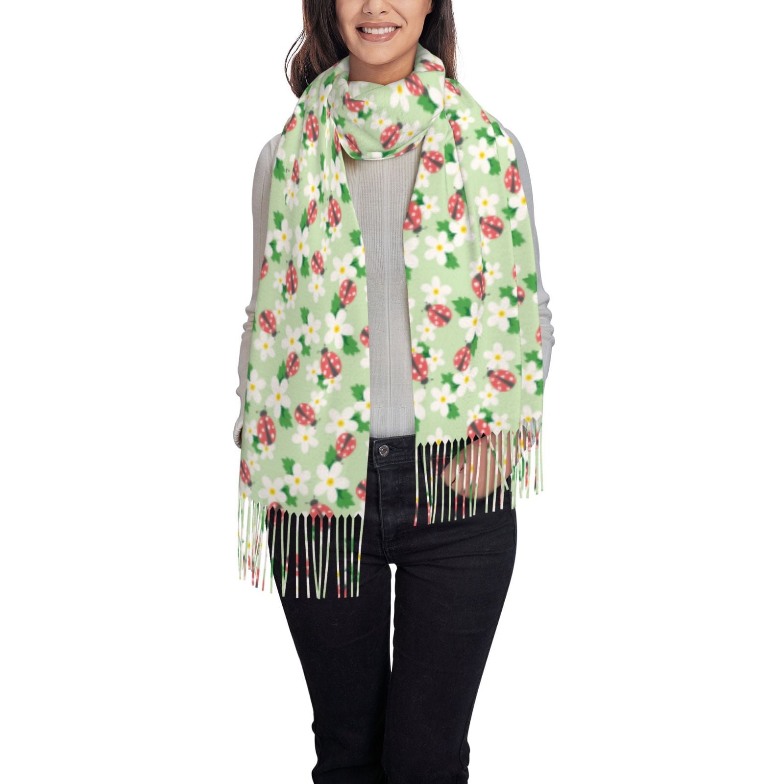 Sikiie Flower With Ladybug Shawl Wraps Big Scarf Tassel Fall Winter ...