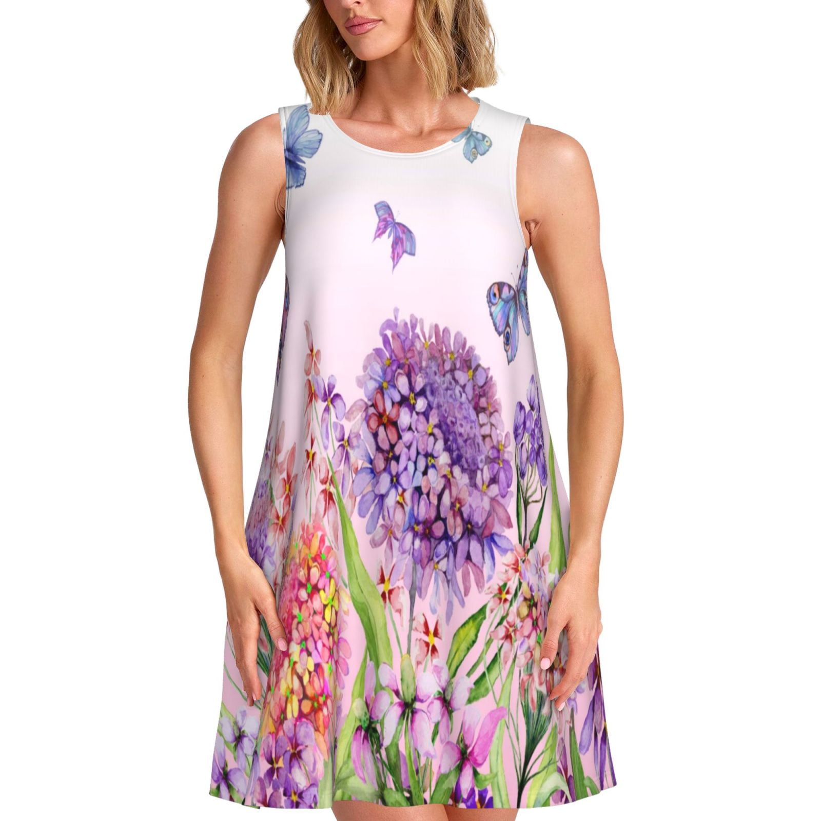 Sikiie Flowers And Colorful Butterflies Print Women's Sleeveless Dress ...