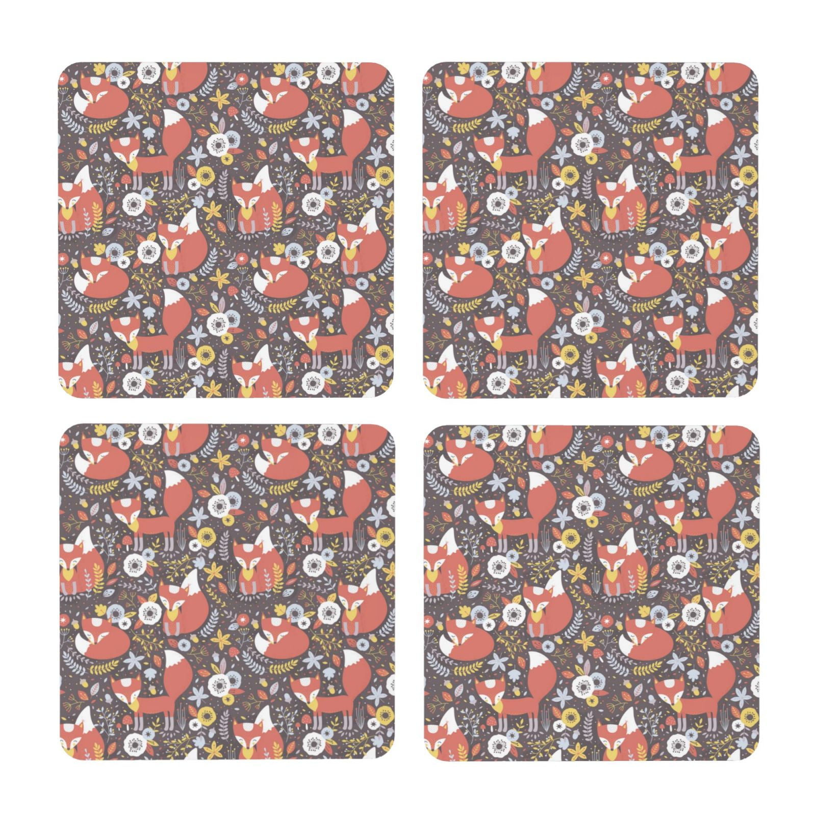 Sikiie Foxes MDF Cork Coaster 4 Pcs - Absorbent Beverage Coasters for ...