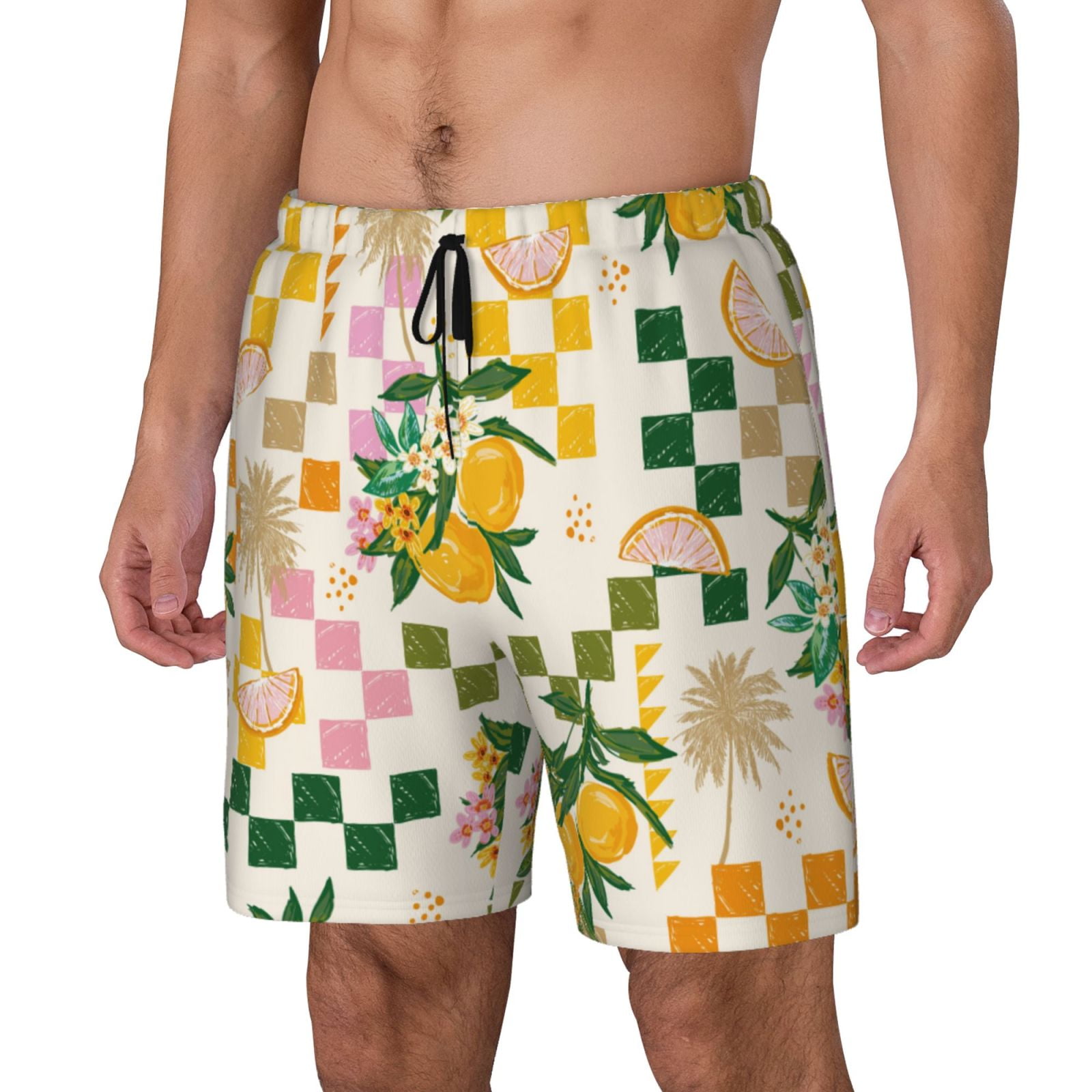 Sikiie Fruit Print Men's Double Layer Swimming Trunks, Adjustable ...
