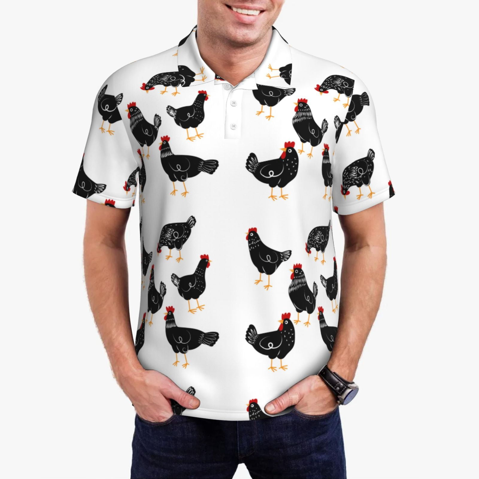 Sikiie Funny Chicken Print Men's Short-sleeved POLO Shirts, Button-down ...