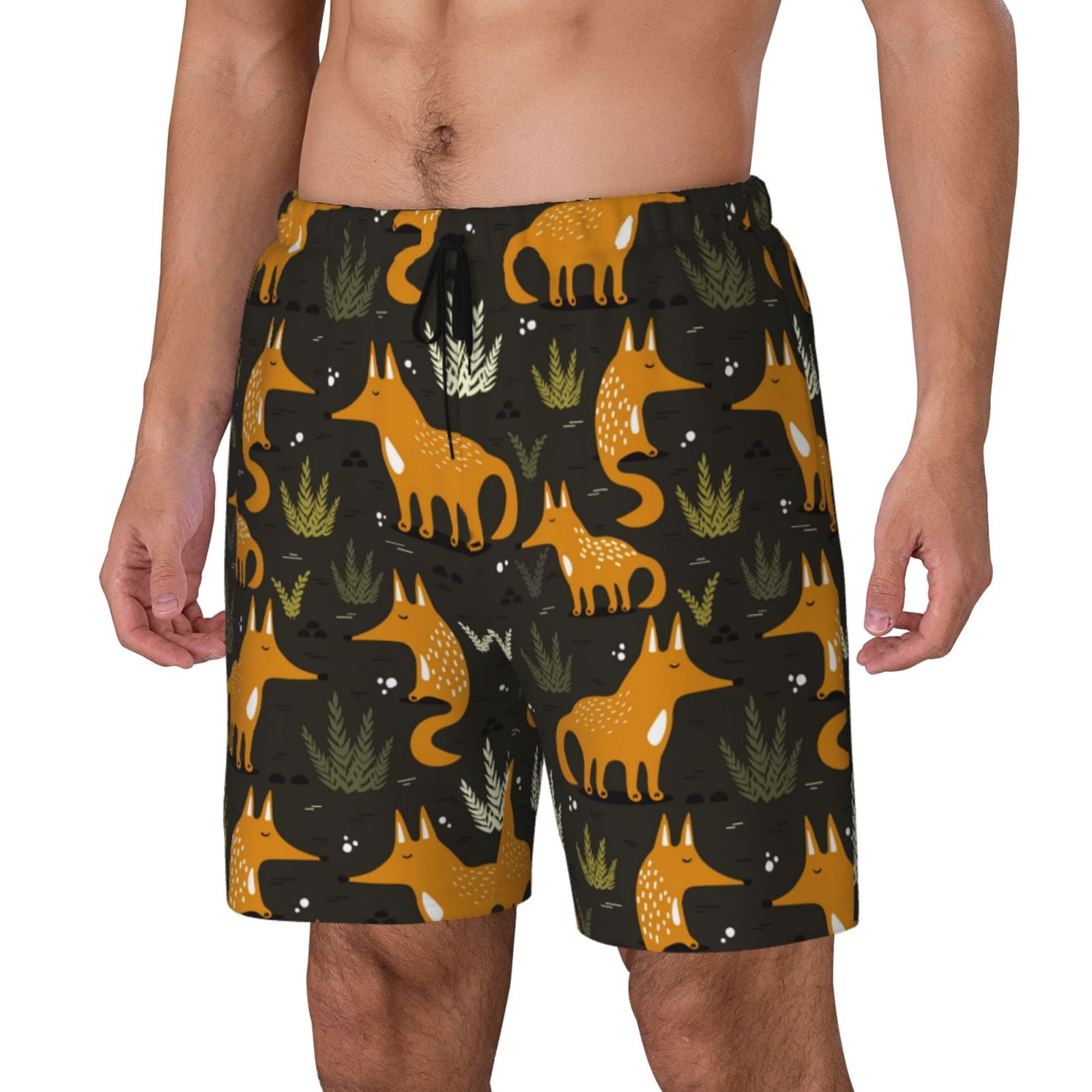 Sikiie Funny Fox by the Field Print Men's Double Layer Swimming Trunks ...