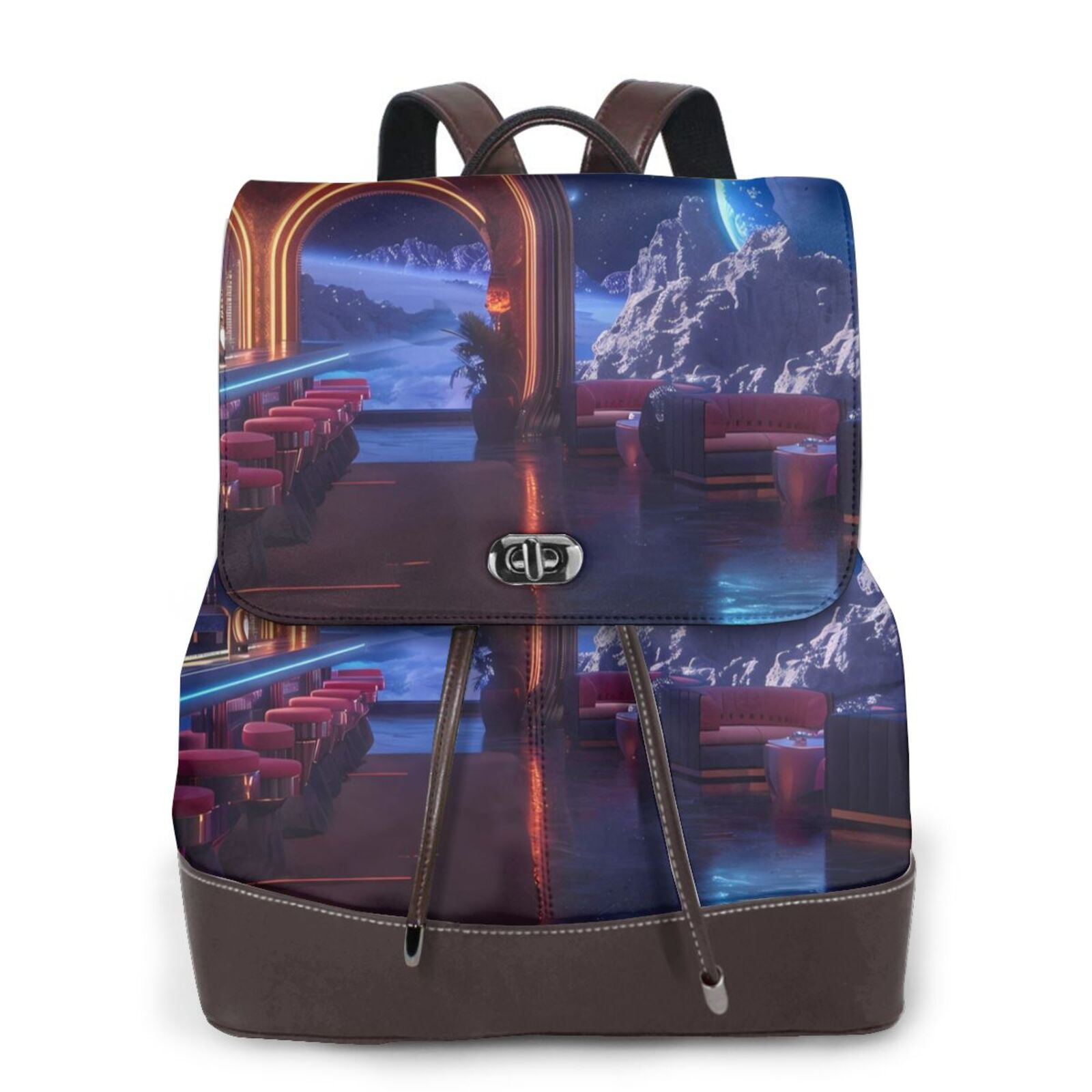 Sikiie Futuristic Bar Space View Women Genuine Leather Backpack Fashion ...