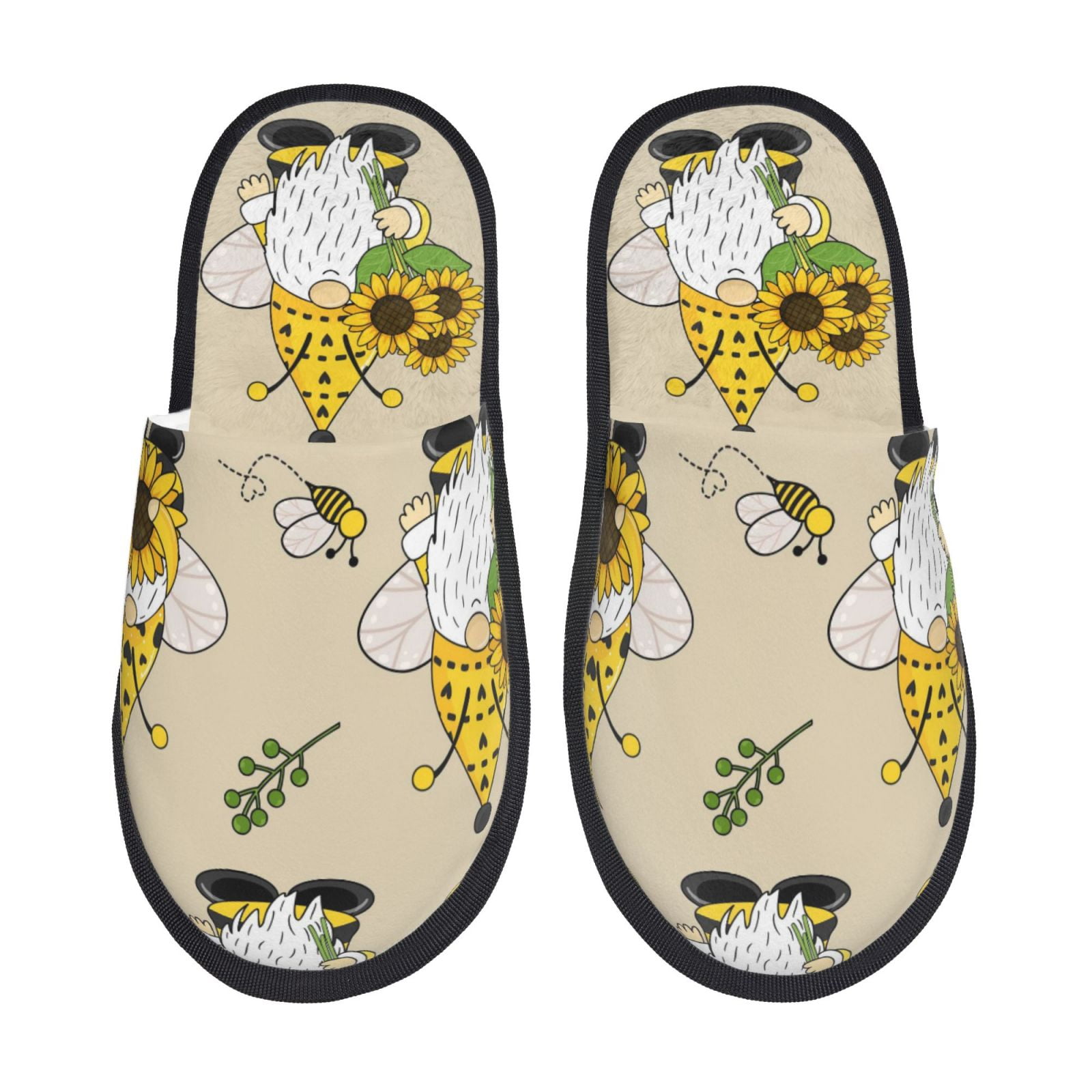 Sikiie Gnomes Bees And Sunflowers Fuzzy Slip-on Slippers Warm Cozy Soft ...