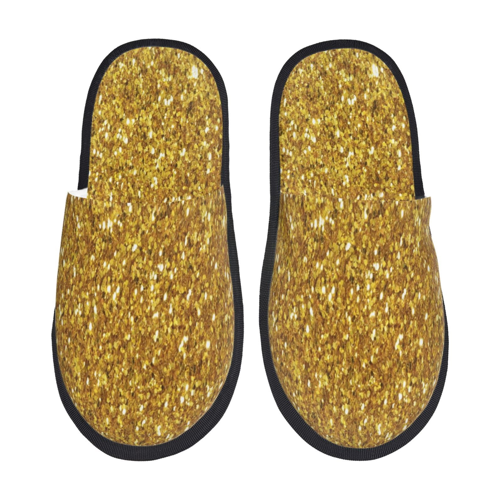 Sikiie Gold Glitter Fuzzy Slip-on Slippers Warm Cozy Soft Lightweight Memory Foam Indoor House ...