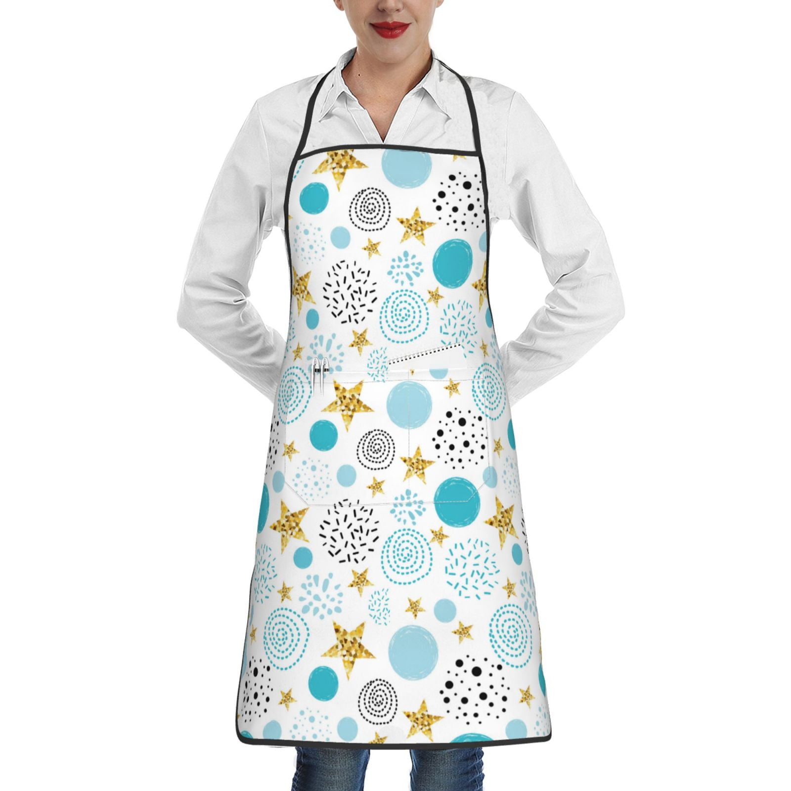 Sikiie Gold Stars Blue Dots Pattern Aprons for Kitchen Cooking Aprons ...