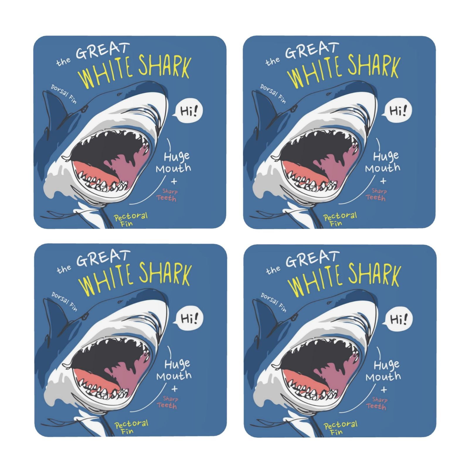 Sikiie Great White Shark MDF Cork Coaster 4 Pcs - Absorbent Beverage ...