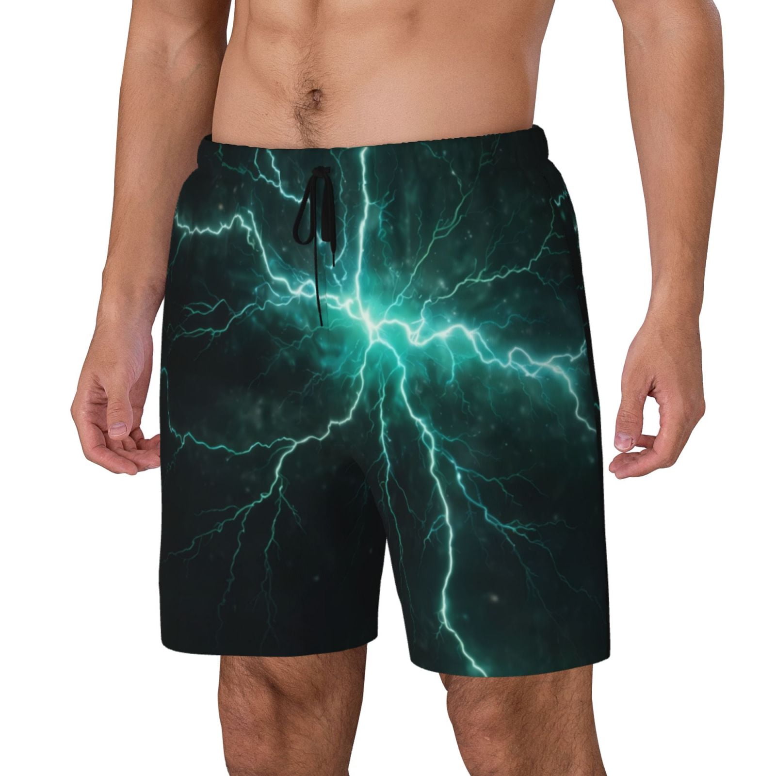 Sikiie Green Lightning Flash Print Men's Double Layer Swimming Trunks ...
