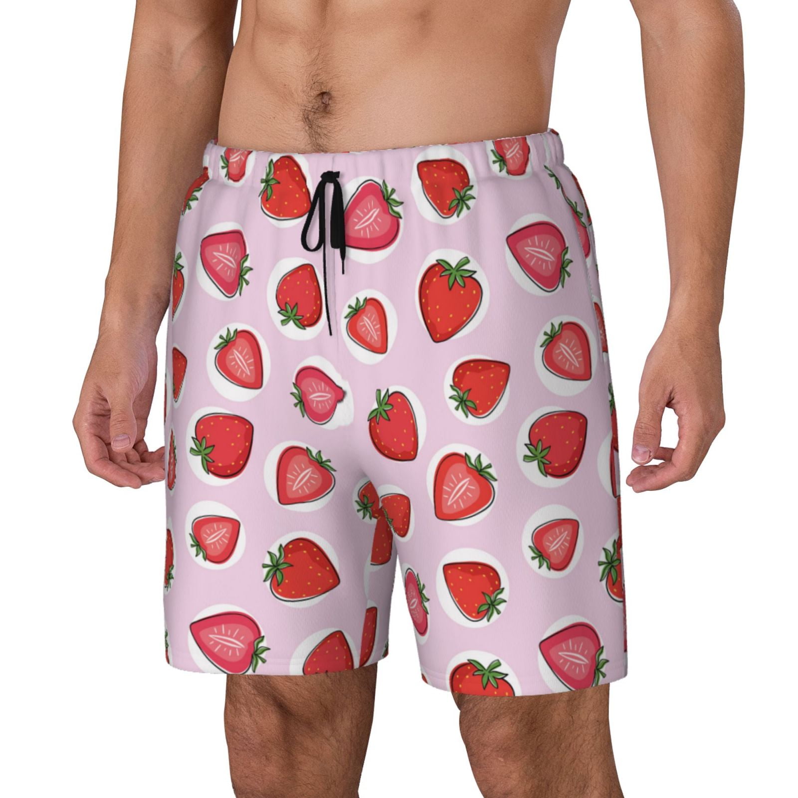 Sikiie Hand Drawn Strawberry Print Men's Double Layer Swimming Trunks ...
