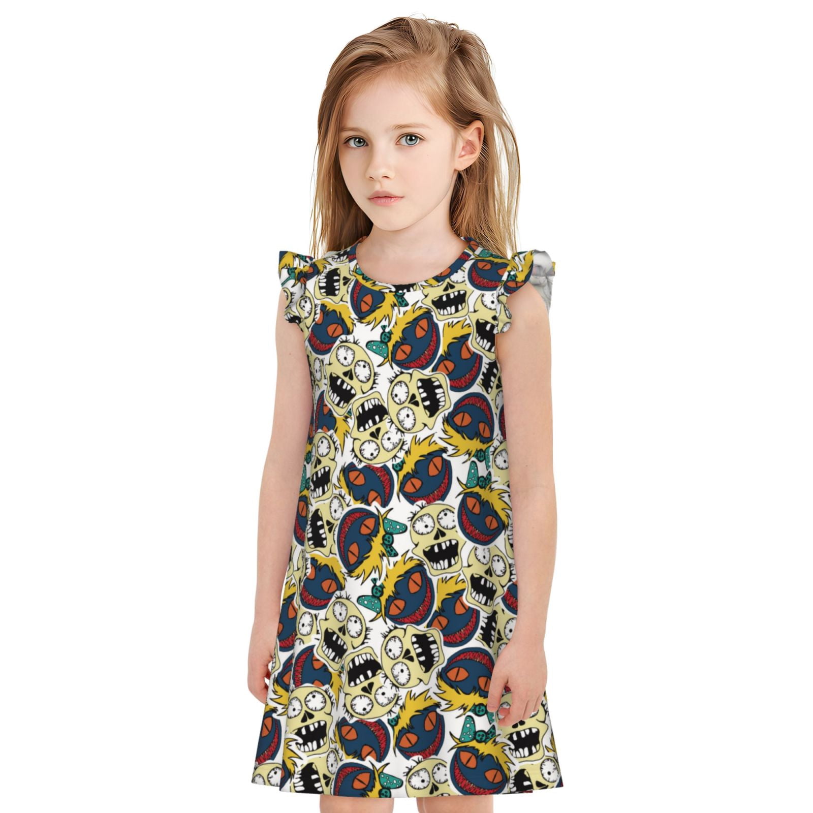 Sikiie Happy Skeleton Girls Nightgowns 3-10 Years Flutter Short Sleeves ...