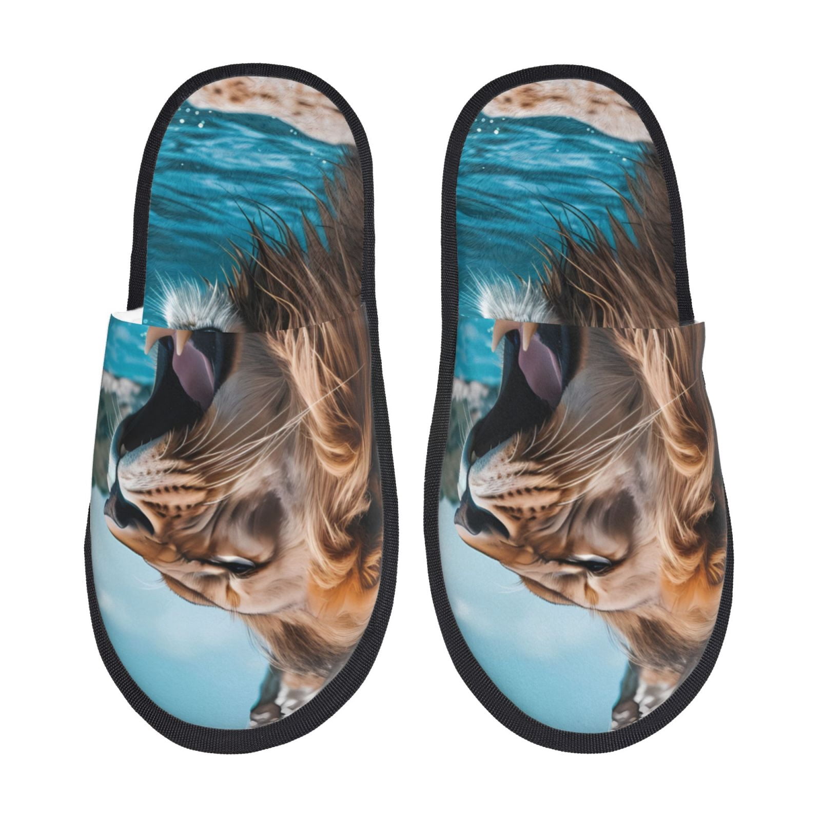 Sikiie Ice Blue Coastal Lion Fuzzy Slip-on Slippers Warm Cozy Soft ...