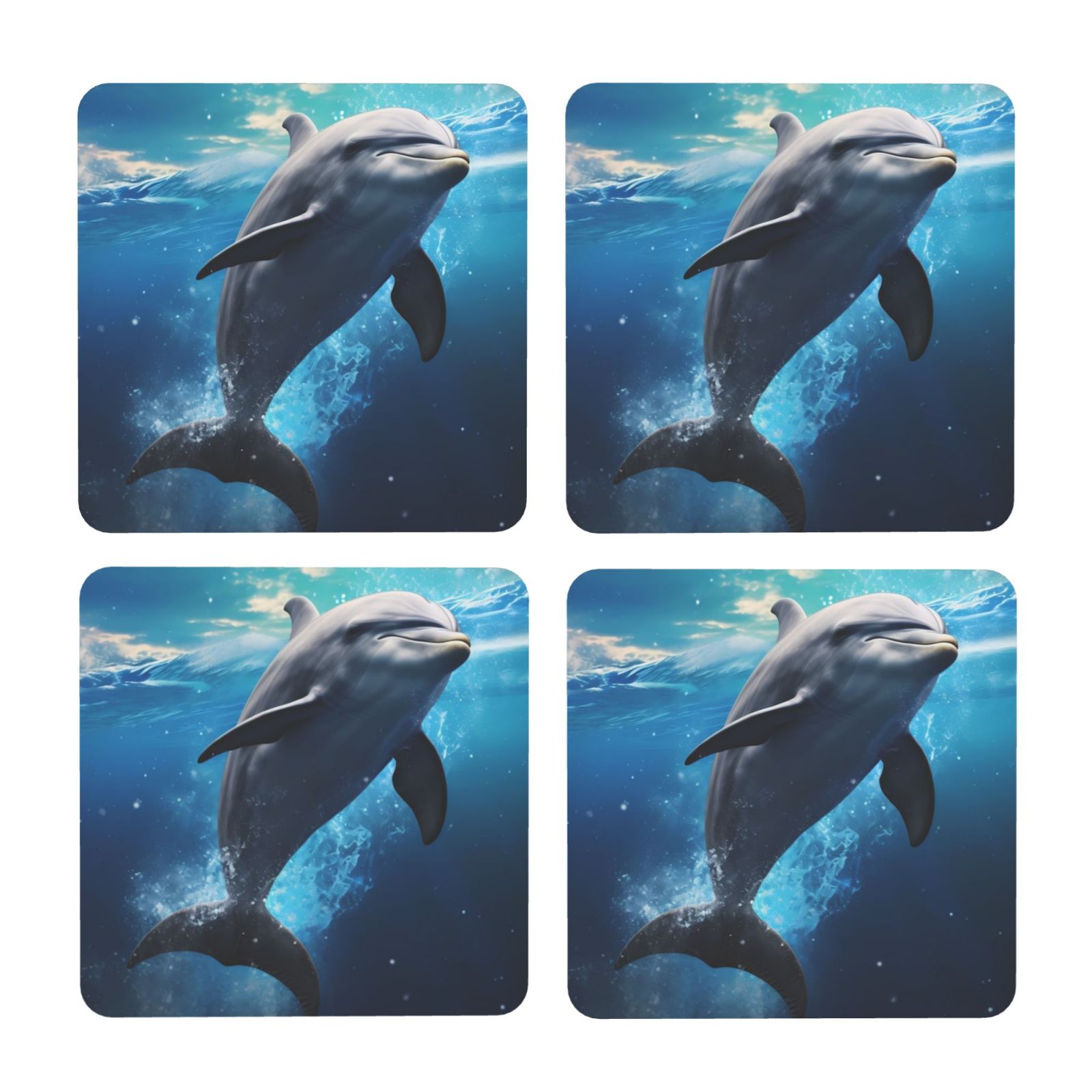 Sikiie Ice Blue Ocean Cute Dolphin MDF Cork Coaster 4 Pcs - Absorbent ...