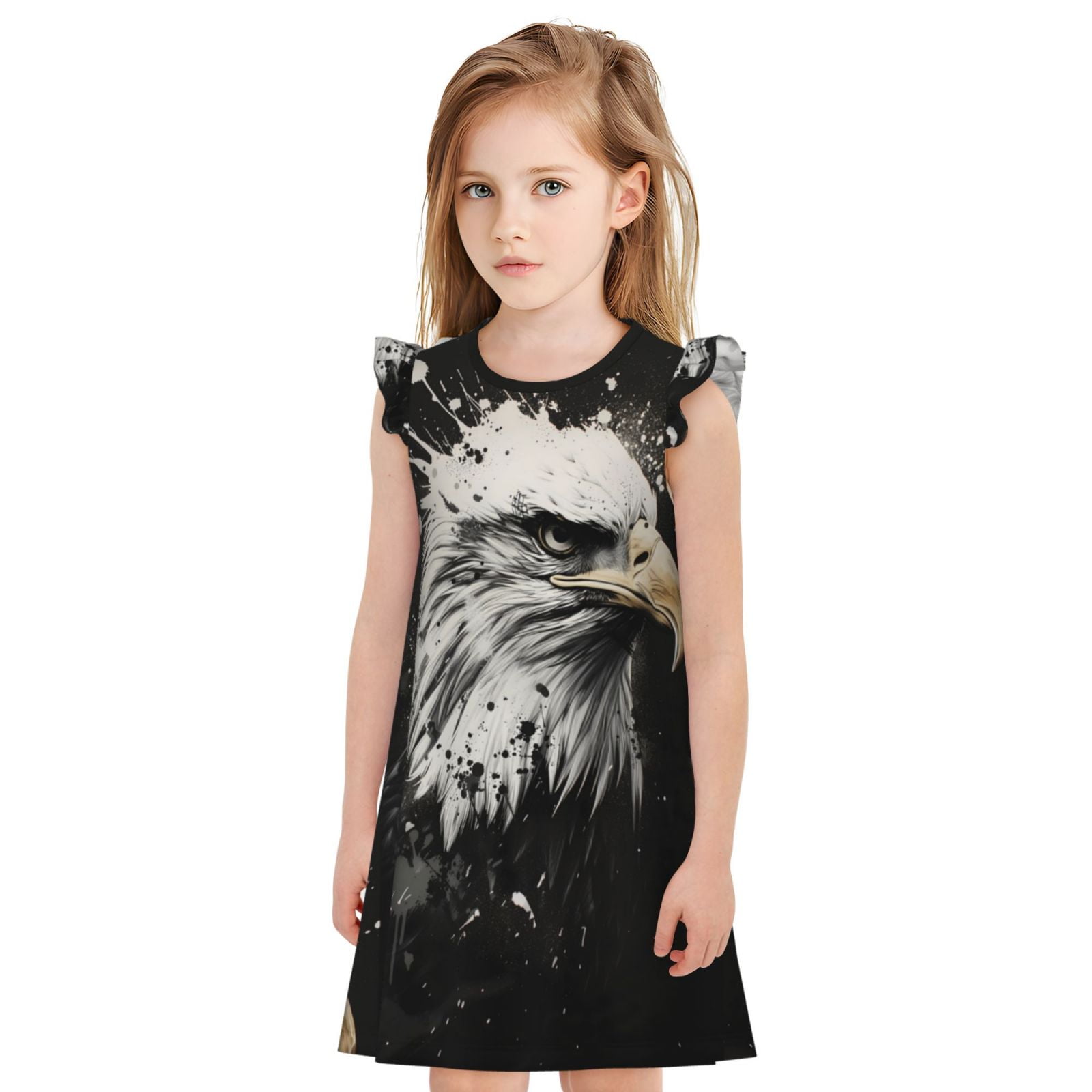 Sikiie Ink Style Bald Eagle Girls Nightgowns 3-10 Years Flutter Short Sleeves Nightdress Pajamas ...