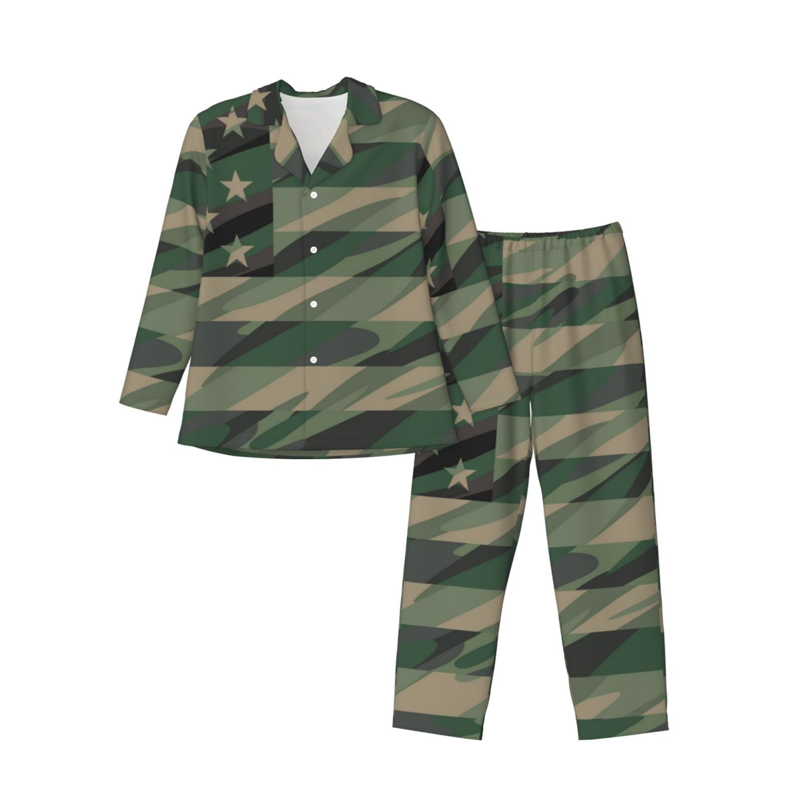 Sikiie Jungle Green Camo USA Flag Mens Pajama Set, Soft Warm Long ...