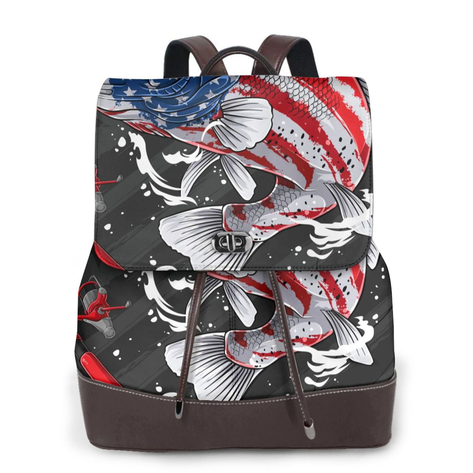 Sikiie Largemouth Bass Fish in USA Women Genuine Leather Backpack ...