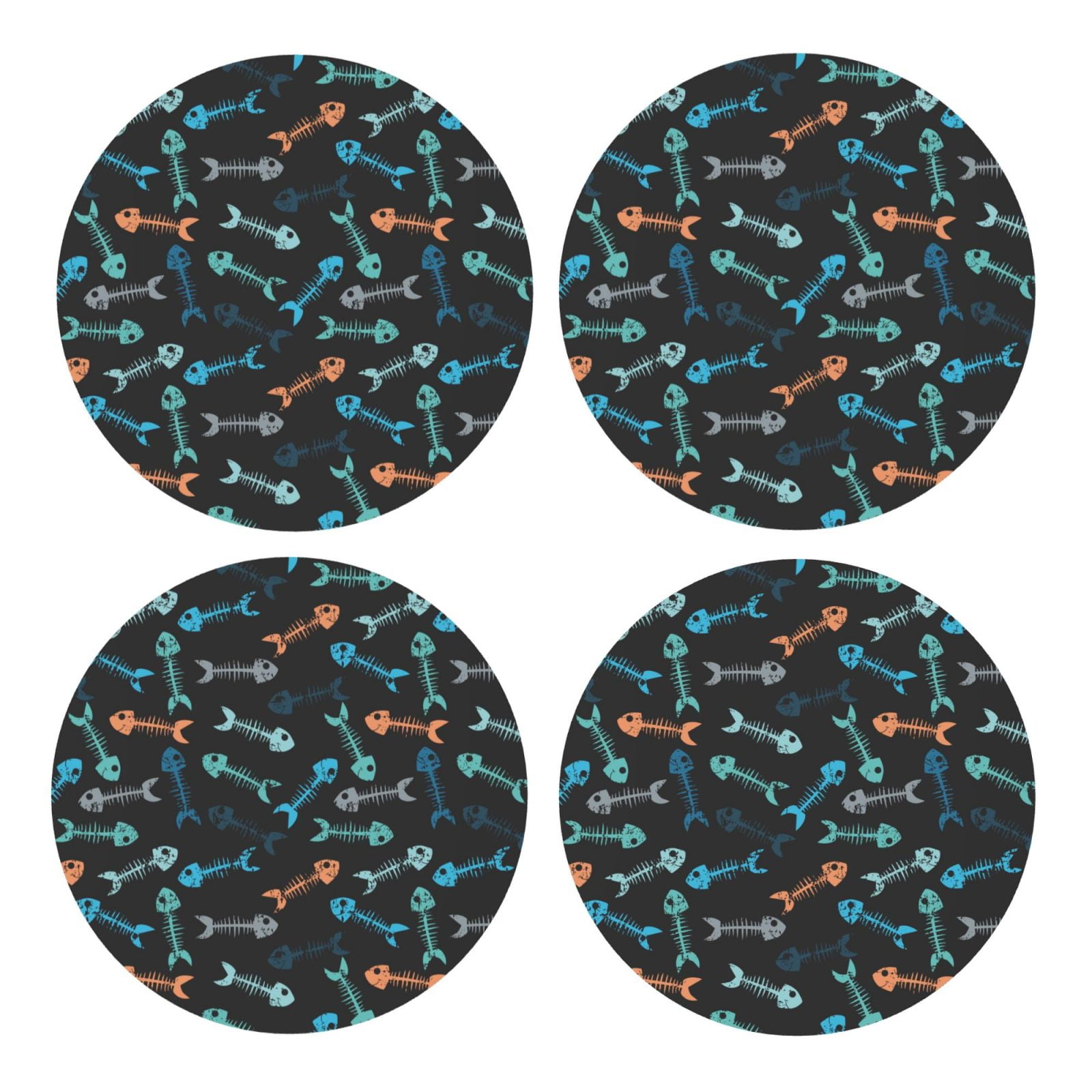 Sikiie Little Fish Skeleton MDF Cork Coaster 4 Pcs - Absorbent Beverage ...