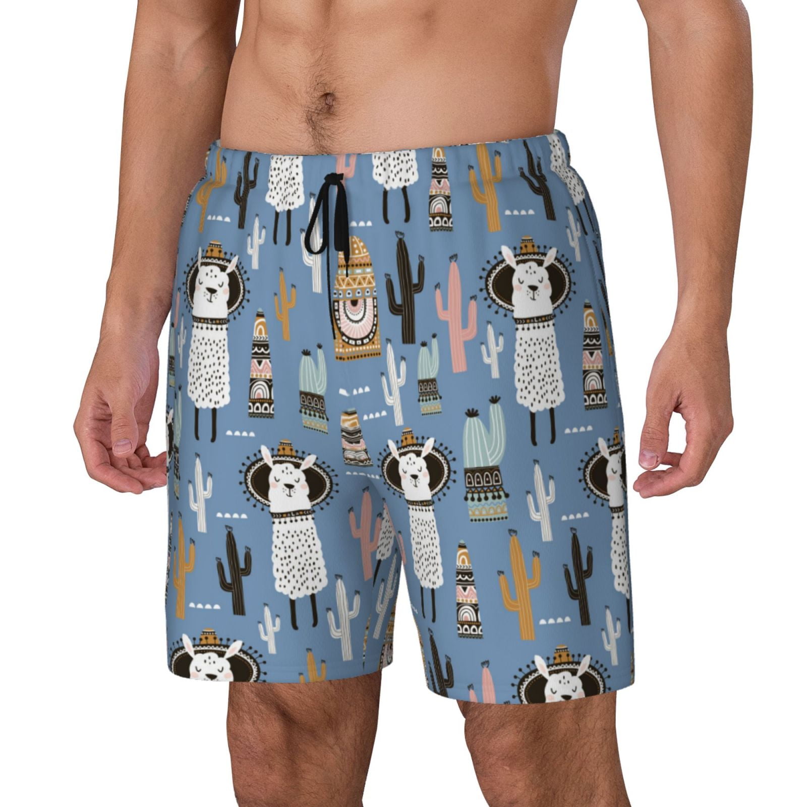 Sikiie Llamas And Cactus Print Men's Double Layer Swimming Trunks ...