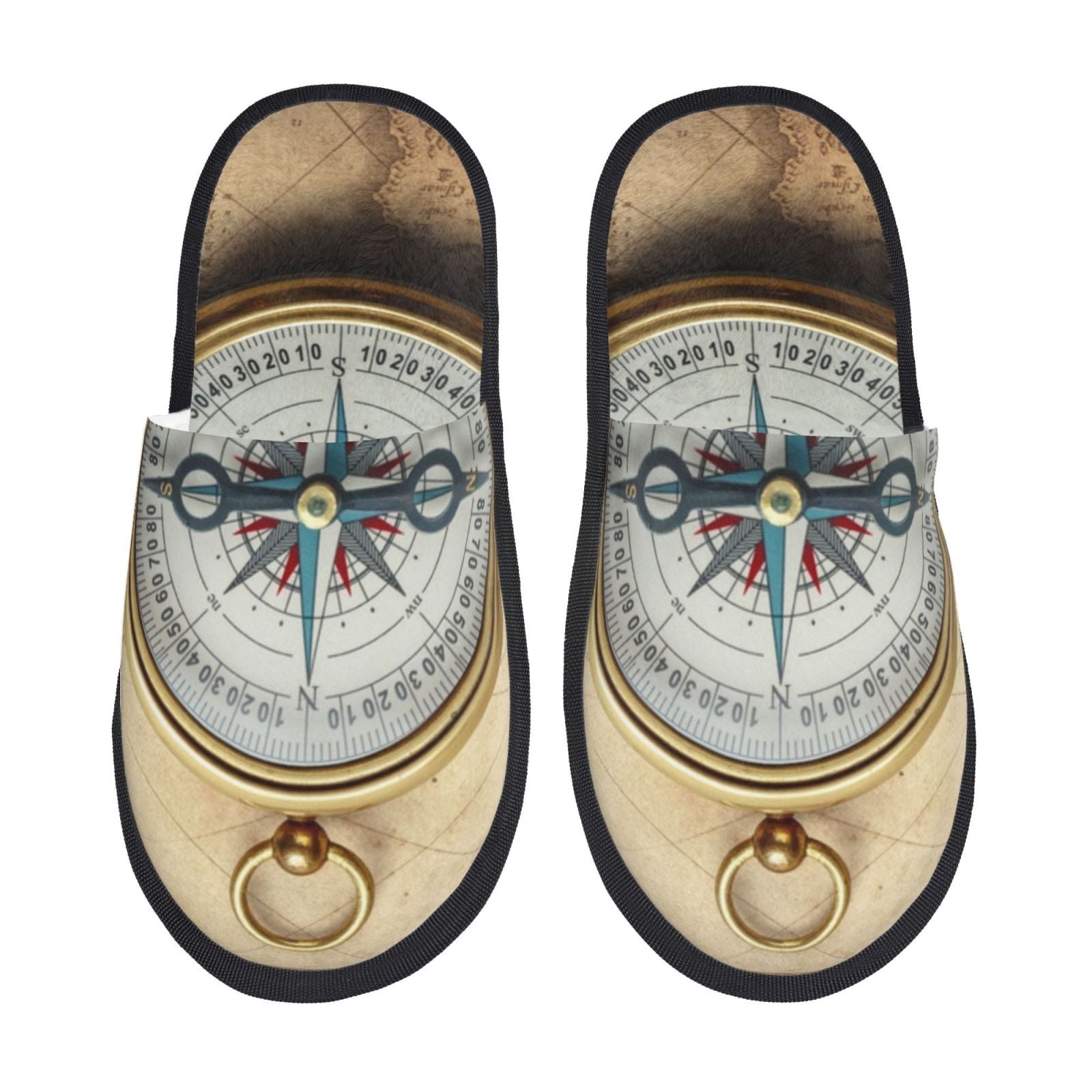 Sikiie Magnetic Old Compass On World Map Fuzzy Slip-on Slippers Warm ...
