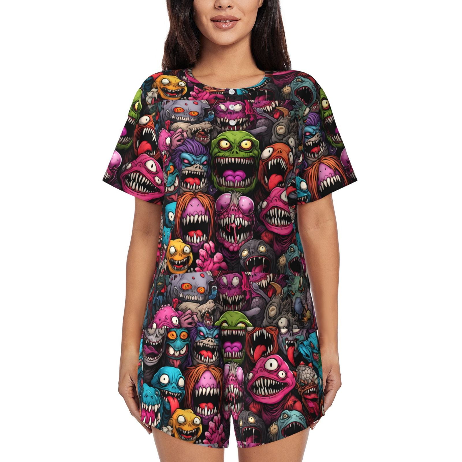 Sikiie Monstrous Cartoon Characters Womens Pajama Sets Short Sleeve Top ...