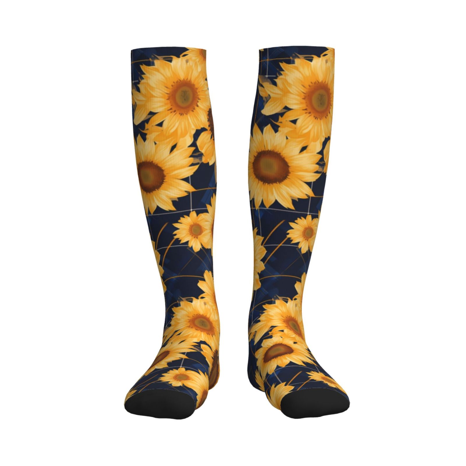 Sikiie Navy Blue Plaid Sunflower 1 Pairs Compression Socks for Men and ...