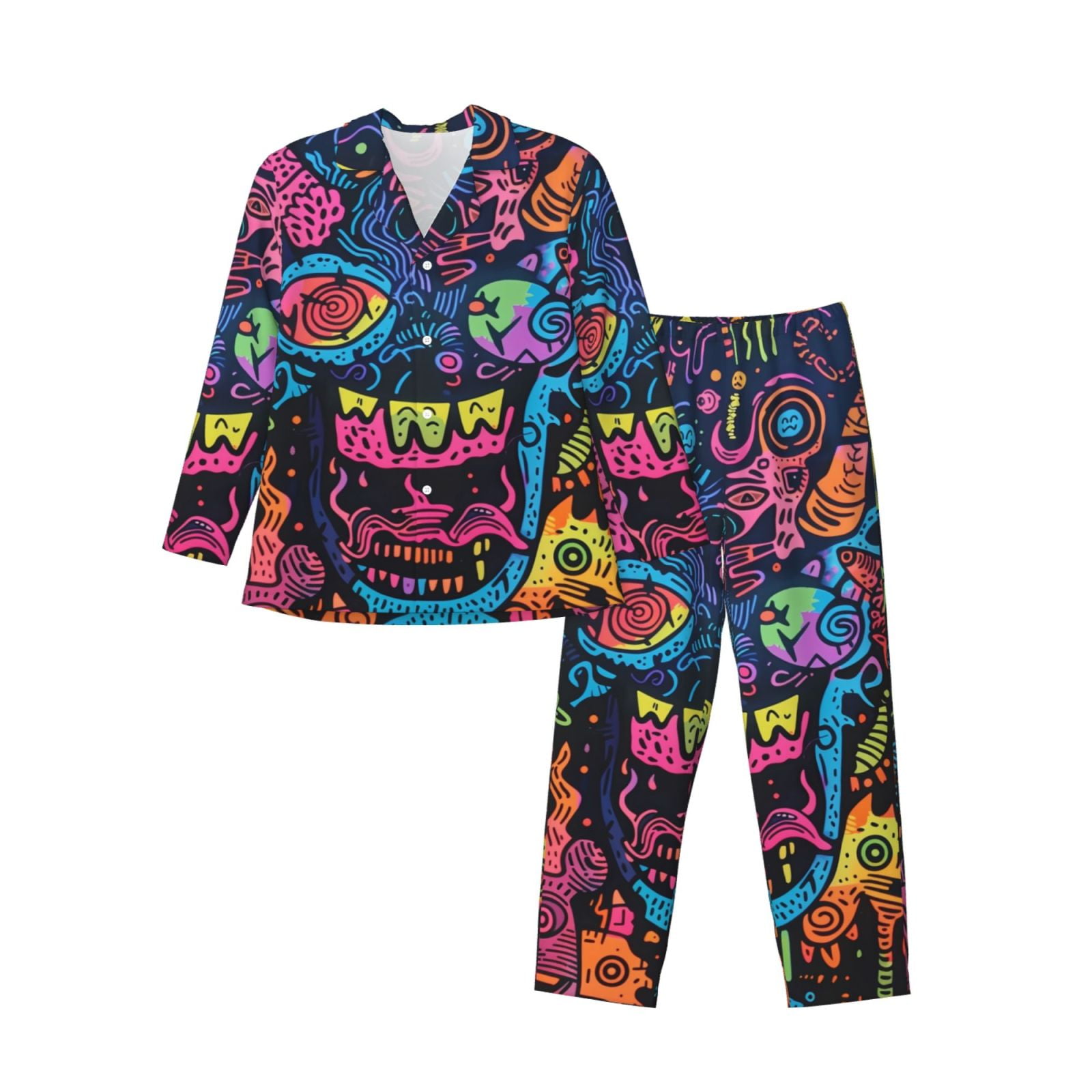 Sikiie Neon Graffiti Urban Art Mens Pajama Set, Soft Warm Long Sleeve ...