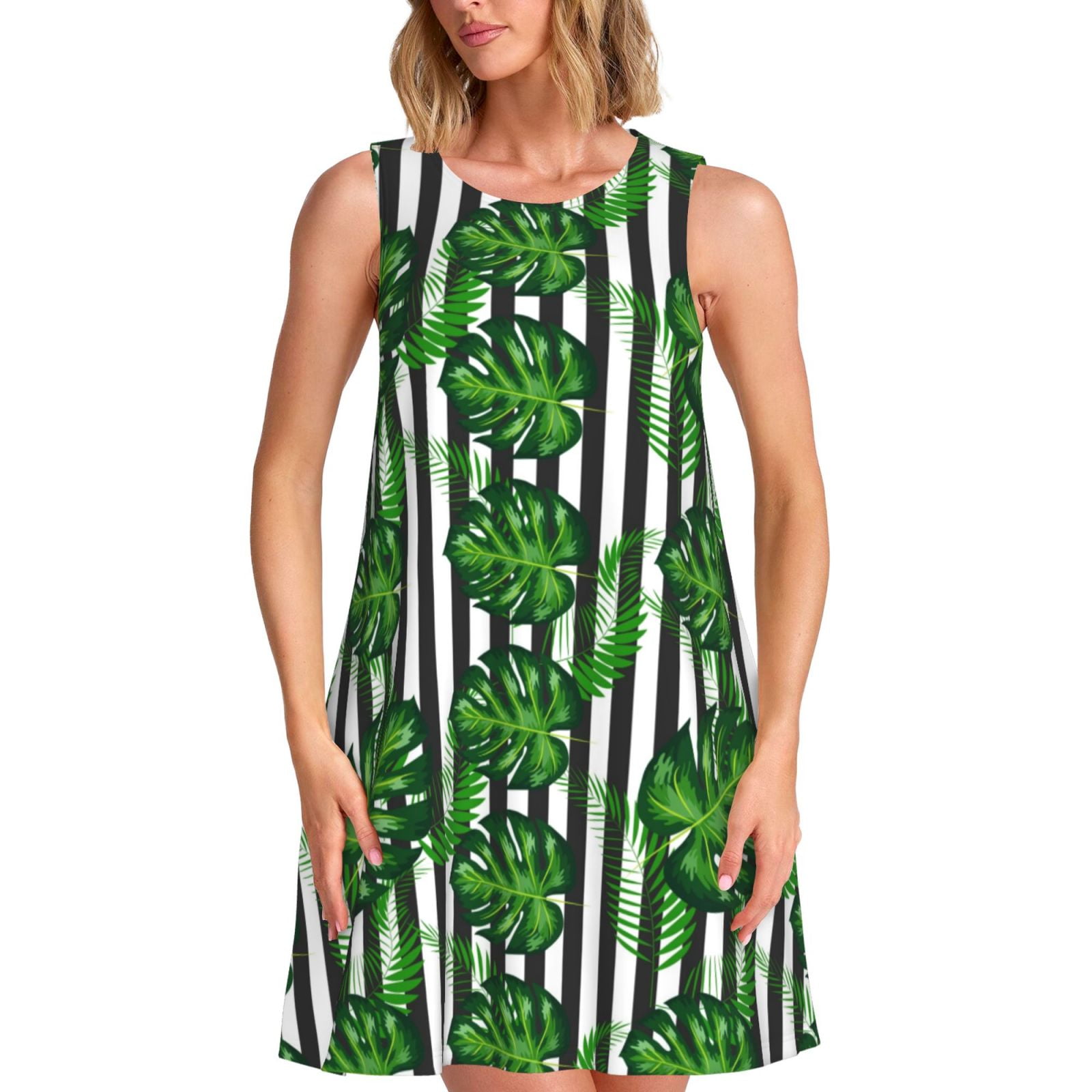 Sikiie Palm Greenery Print Women's Sleeveless Dress with Pockets Round ...