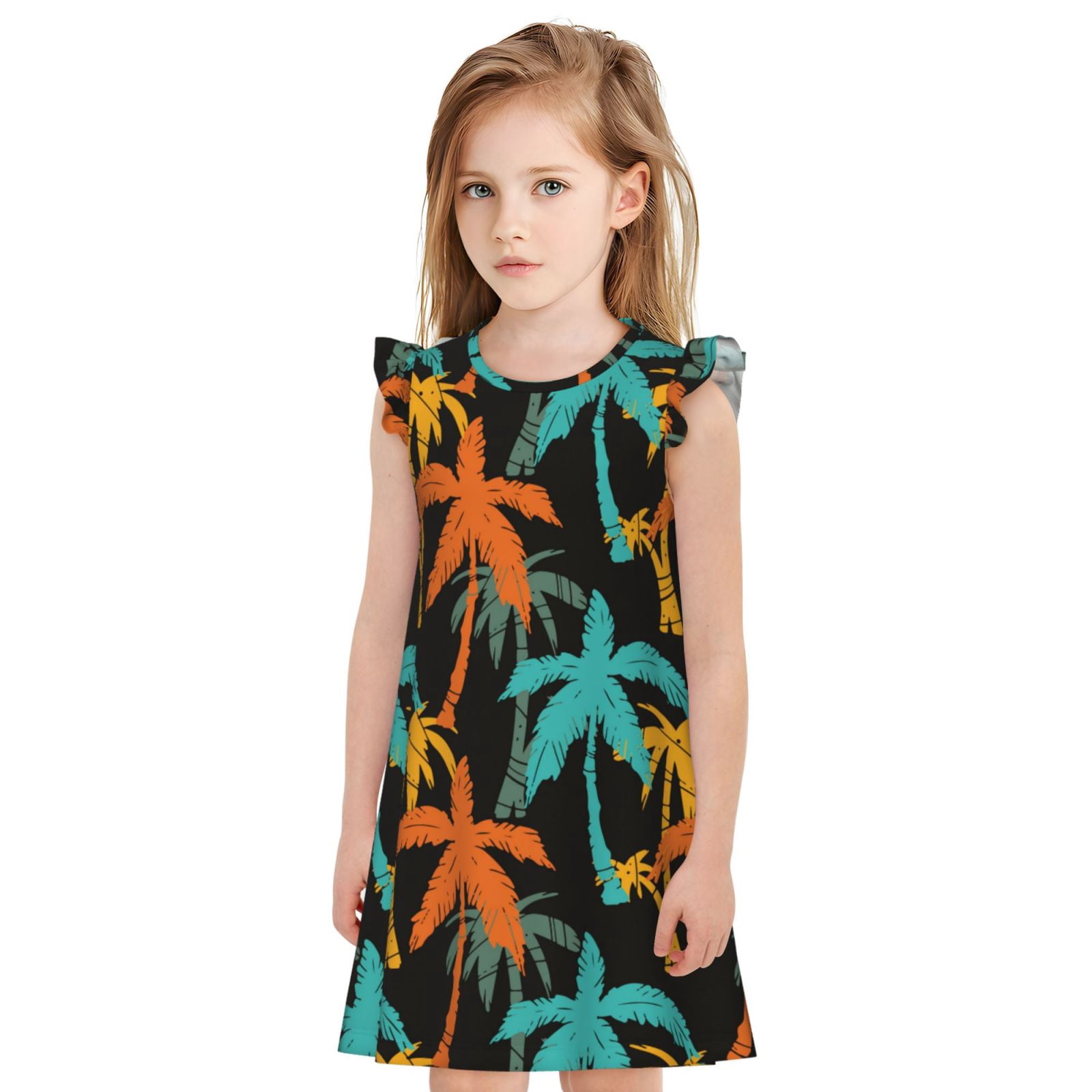 Sikiie Palm Trees Girls Nightgowns 3-10 Years Flutter Short Sleeves ...