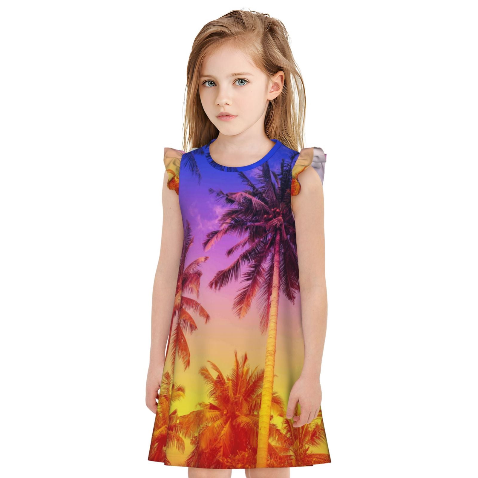 Sikiie Palm Trees at Sunset Girls Nightgowns 3-10 Years Flutter Short ...