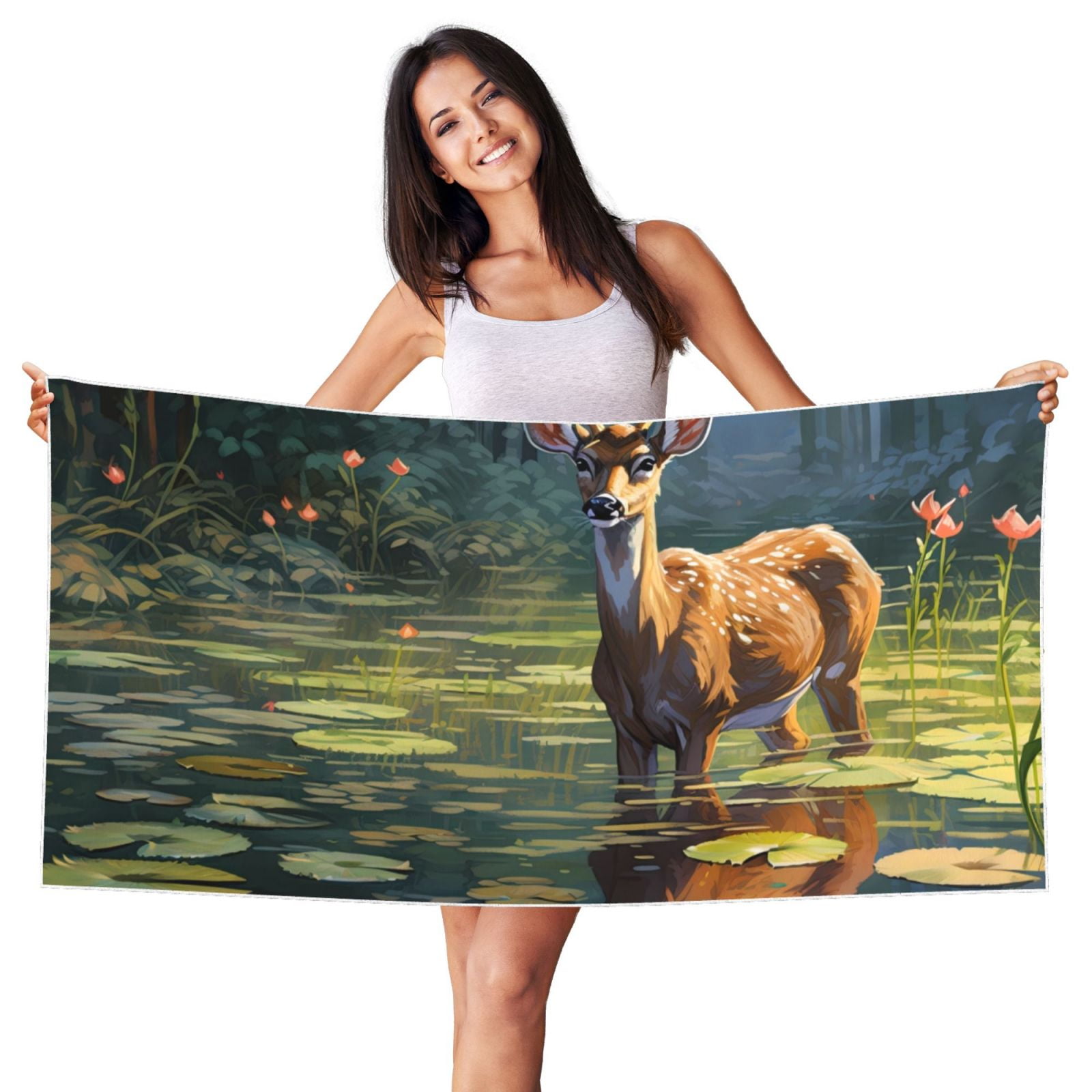Sikiie Peaceful Deer Lily Pond Beach Towel for Women Men, Pool Bath Beach Camping Beach Towel ...