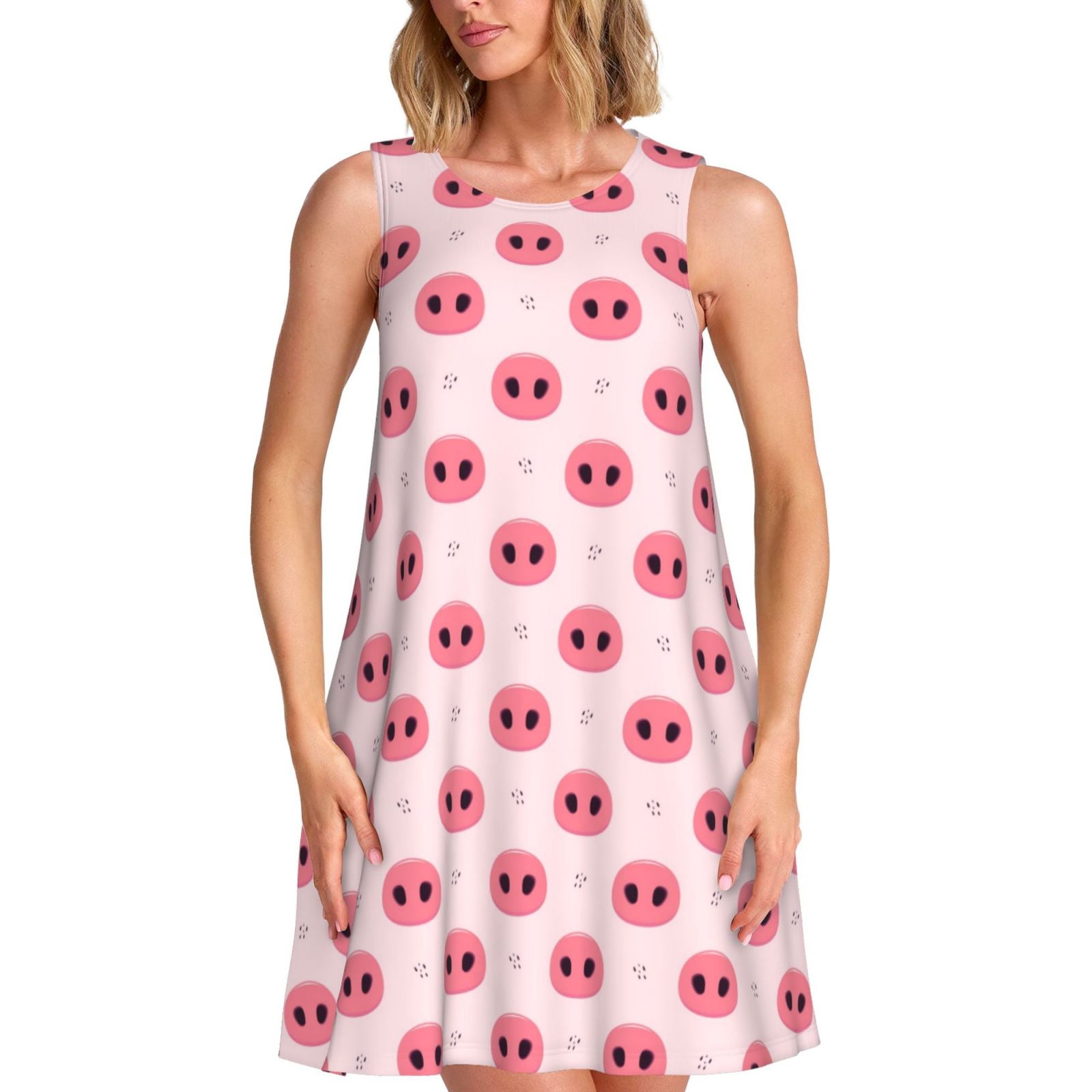 Sikiie Pig Noses Print Women's Sleeveless Dress with Pockets Round Neck ...