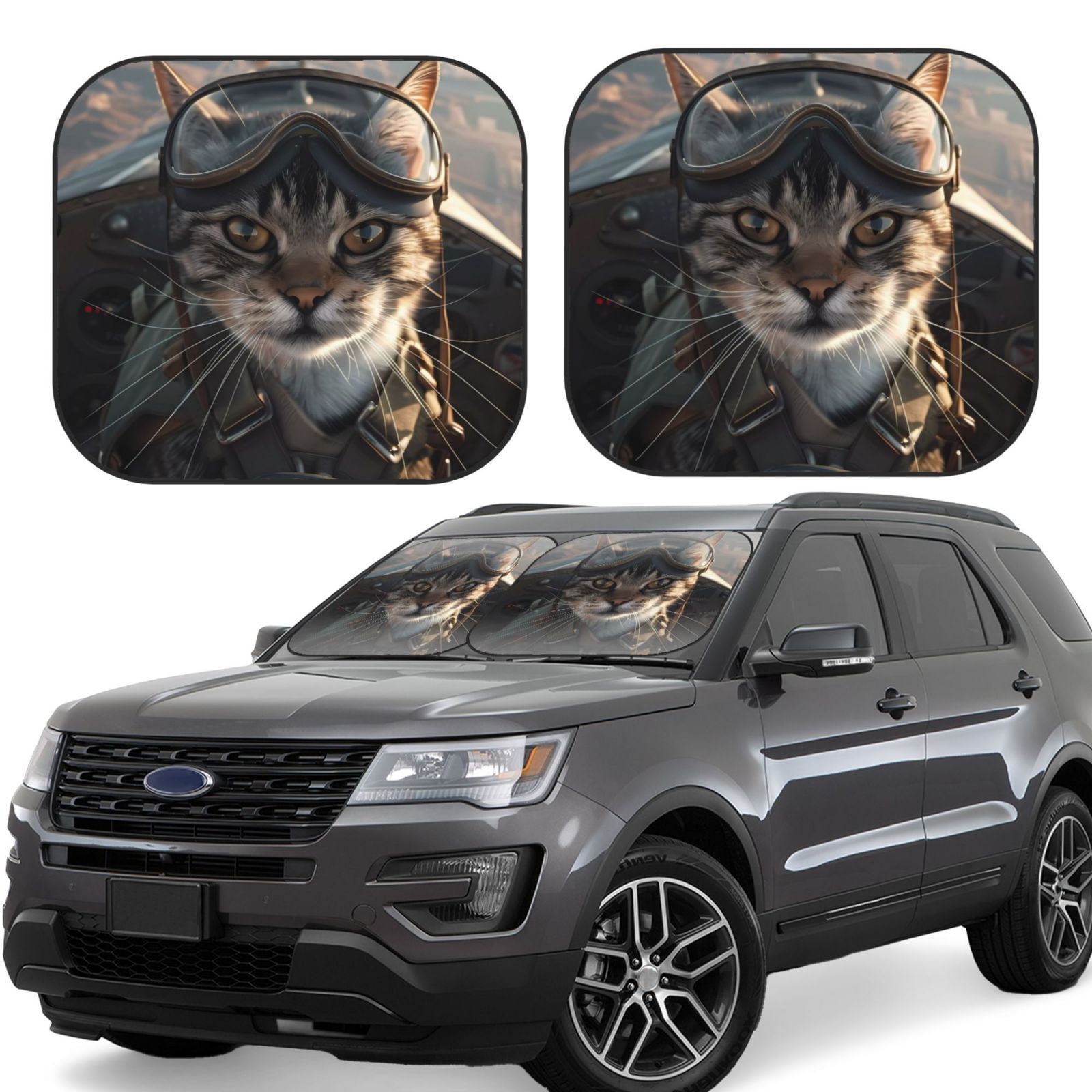 Sikiie Pilot Cat In Vintage Plane Print Foldable Car Windshield Sun ...