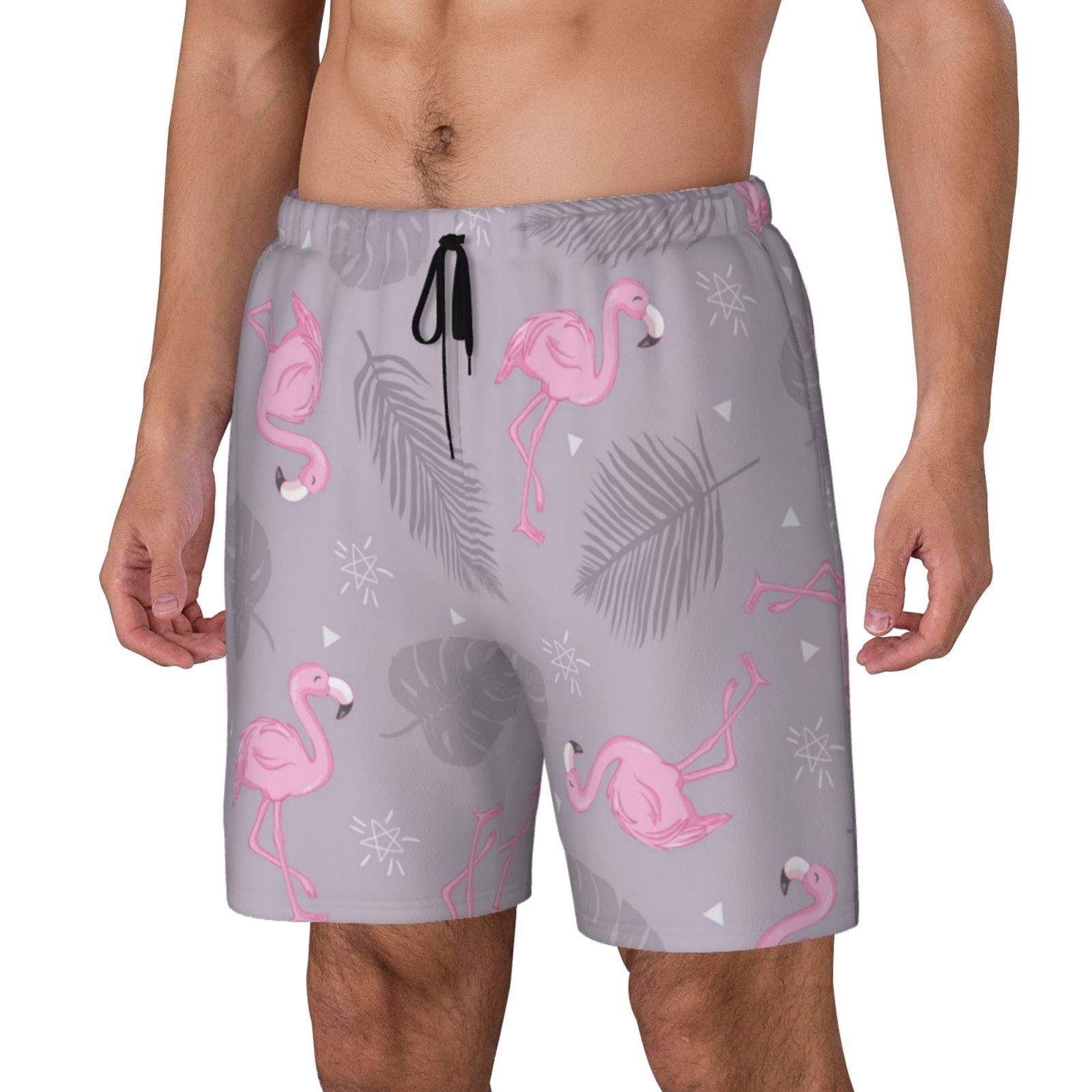 Sikiie Pink Flamingo Print Men's Double Layer Swimming Trunks ...