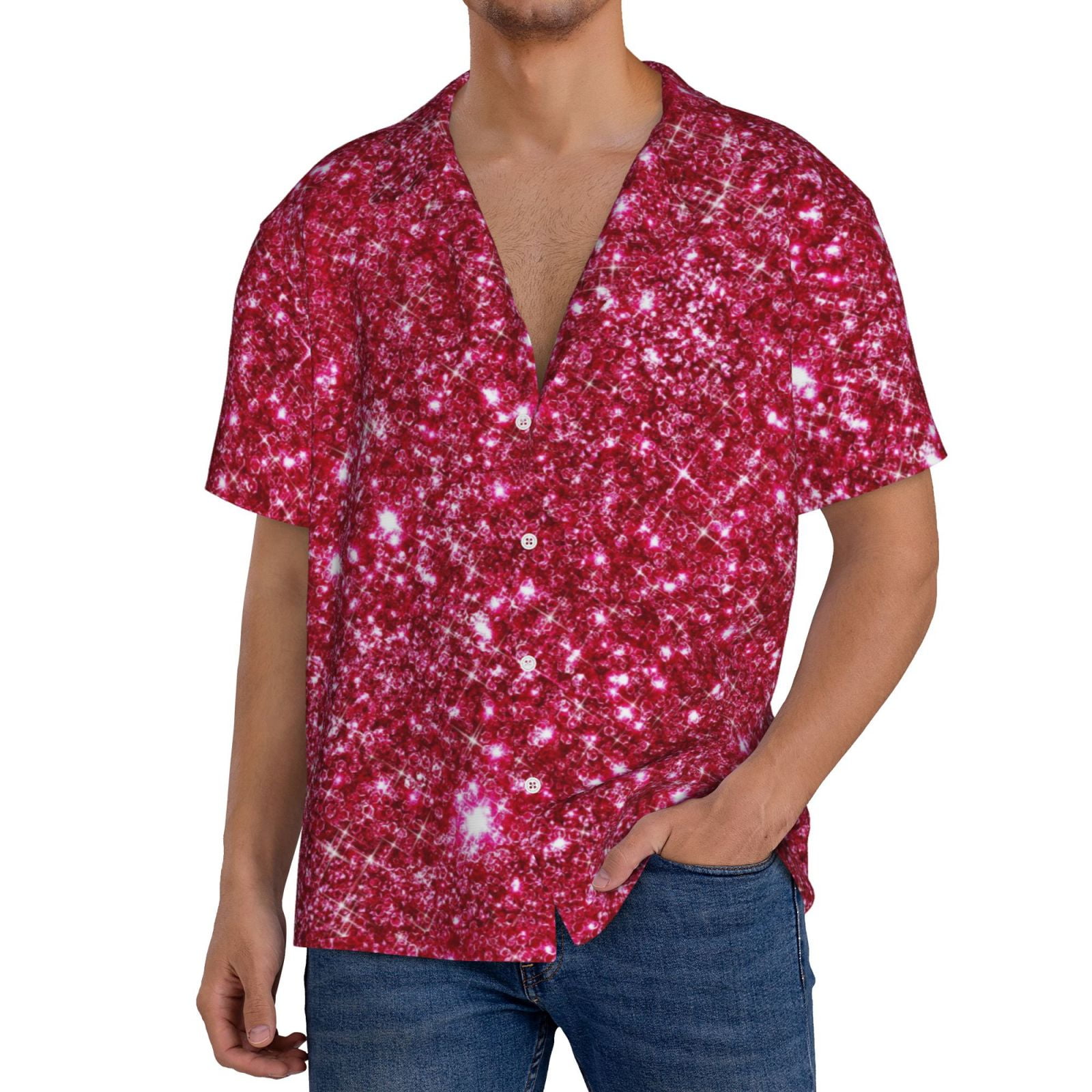 Sikiie Pink Glitter Men's Wrinkle Free Untucked Cuban Shirt Business ...