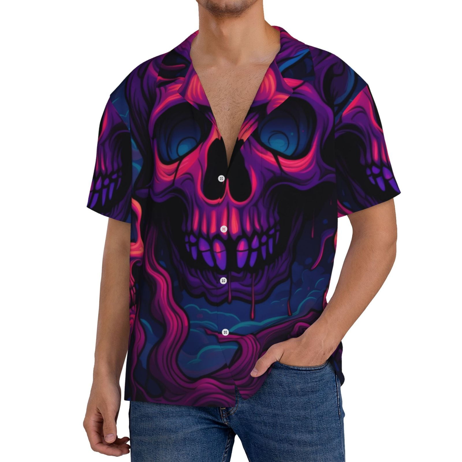 Sikiie Purple-Red Skull Men's Wrinkle Free Untucked Cuban Shirt ...