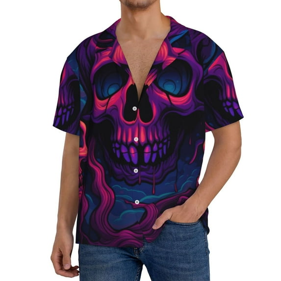 Sikiie Purple-Red Skull Men's Wrinkle Free Untucked Cuban Shirt ...