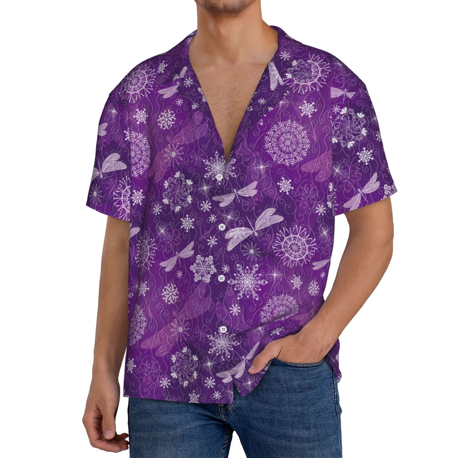 Sikiie Purple Snowflakes Men's Cuban Shirt, Hawaiian Shirts, Business ...