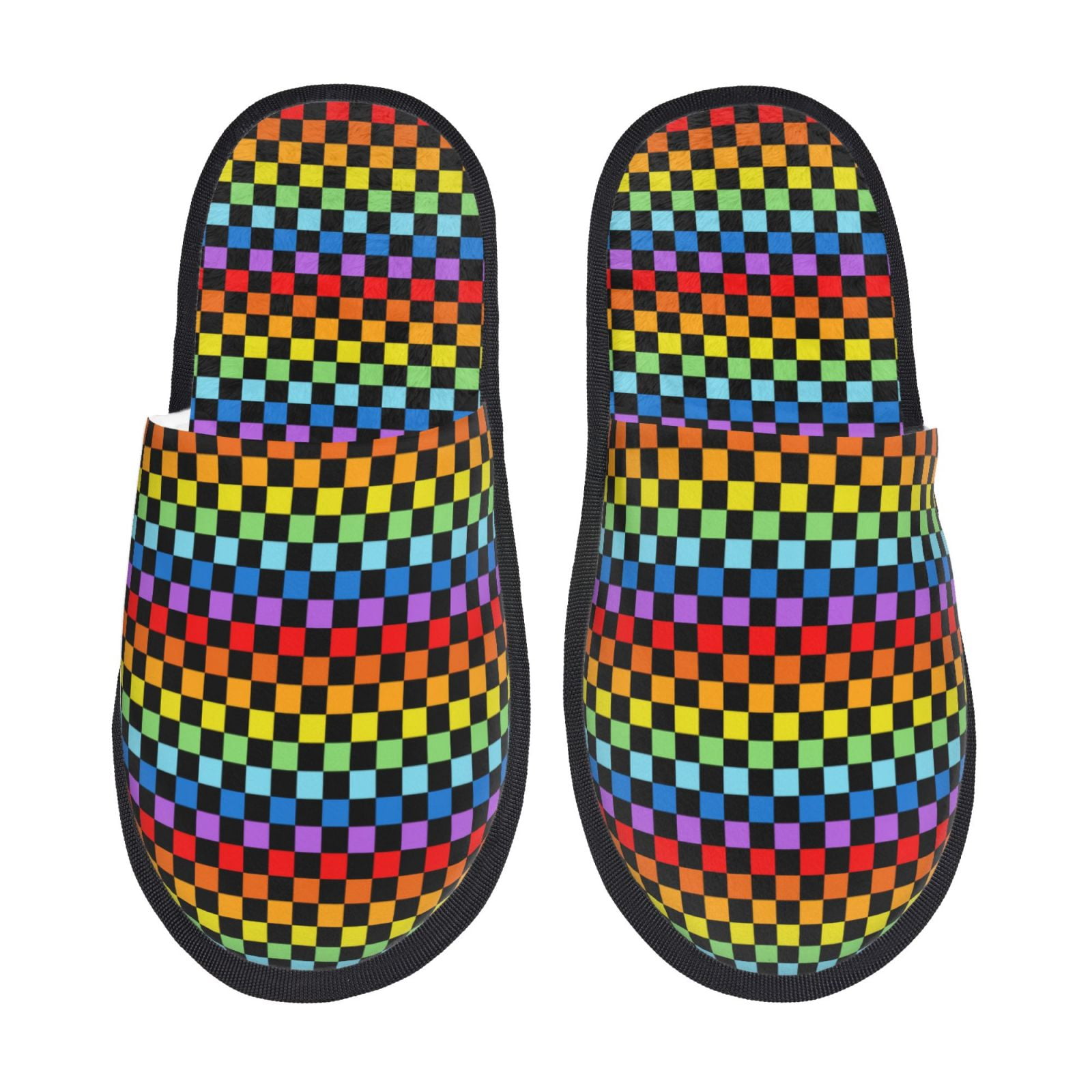 Sikiie Rainbow Chequerboard Fuzzy Slip-on Slippers Warm Cozy Soft ...