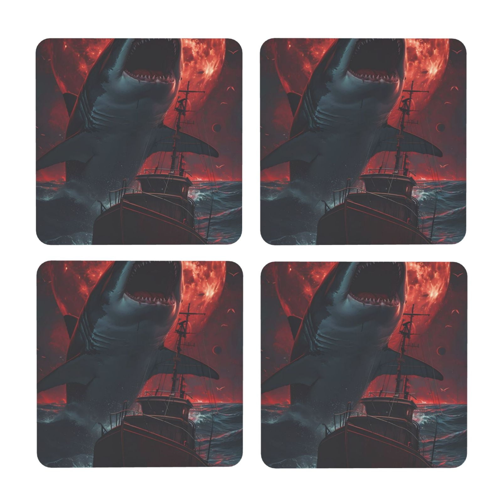 Sikiie Red Moon Shark Sailboat MDF Cork Coaster 4 Pcs - Absorbent ...