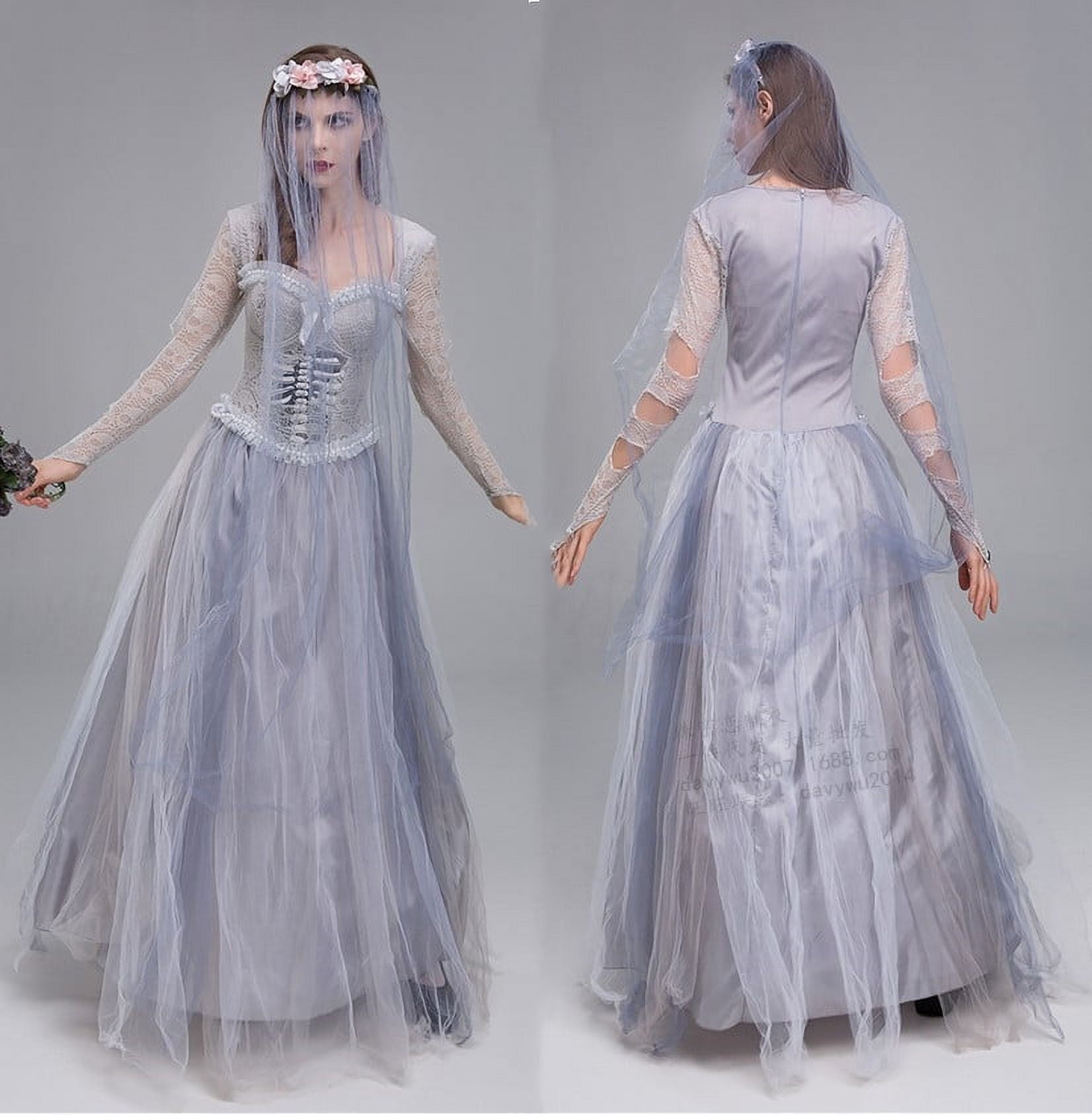 Womens Ghost Bride Costume Vampire Zombie Long Dress Halloween Costume ...